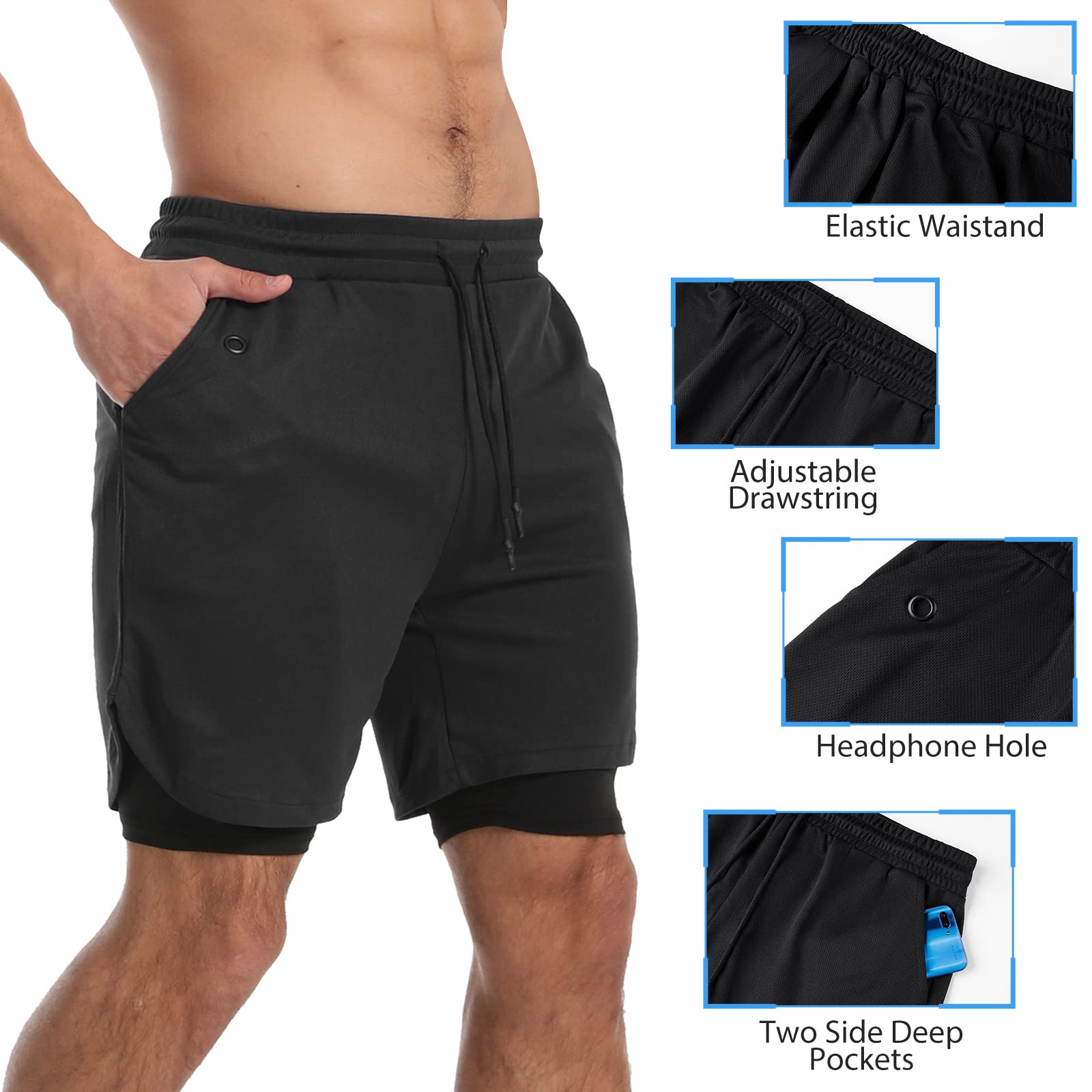 FLYEVEA Mens 2 in 1 Workout Running Shorts Athletic Yoga Gym 7" Short Clothes with Side Pockets Quick Dry Lightweight Training Shorts,Black Large