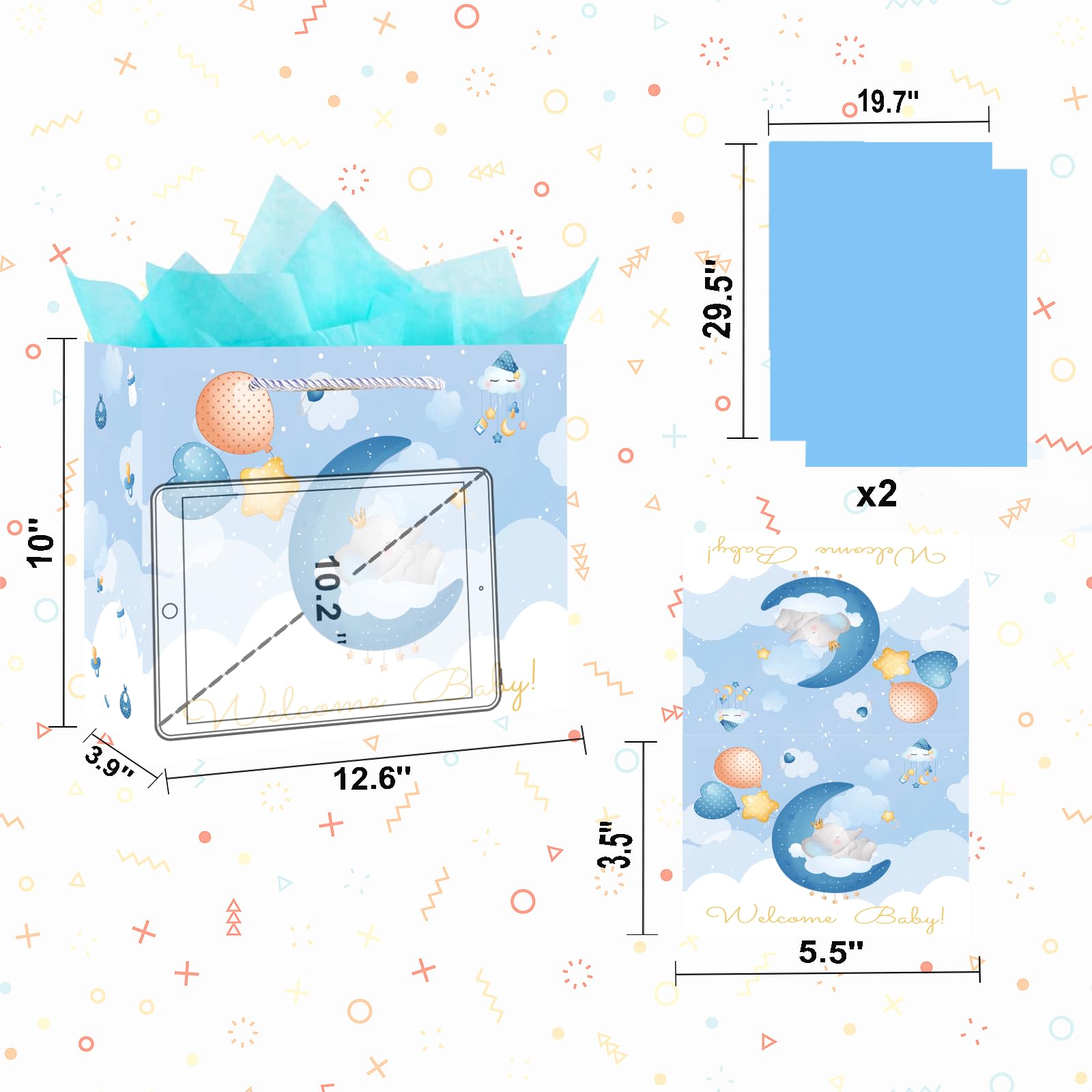 GFInYHM 13" Baby Boy Gift Bag for Baby Shower or Birthday with Handle, Tissue Paper and Greeting Card (Elephant)