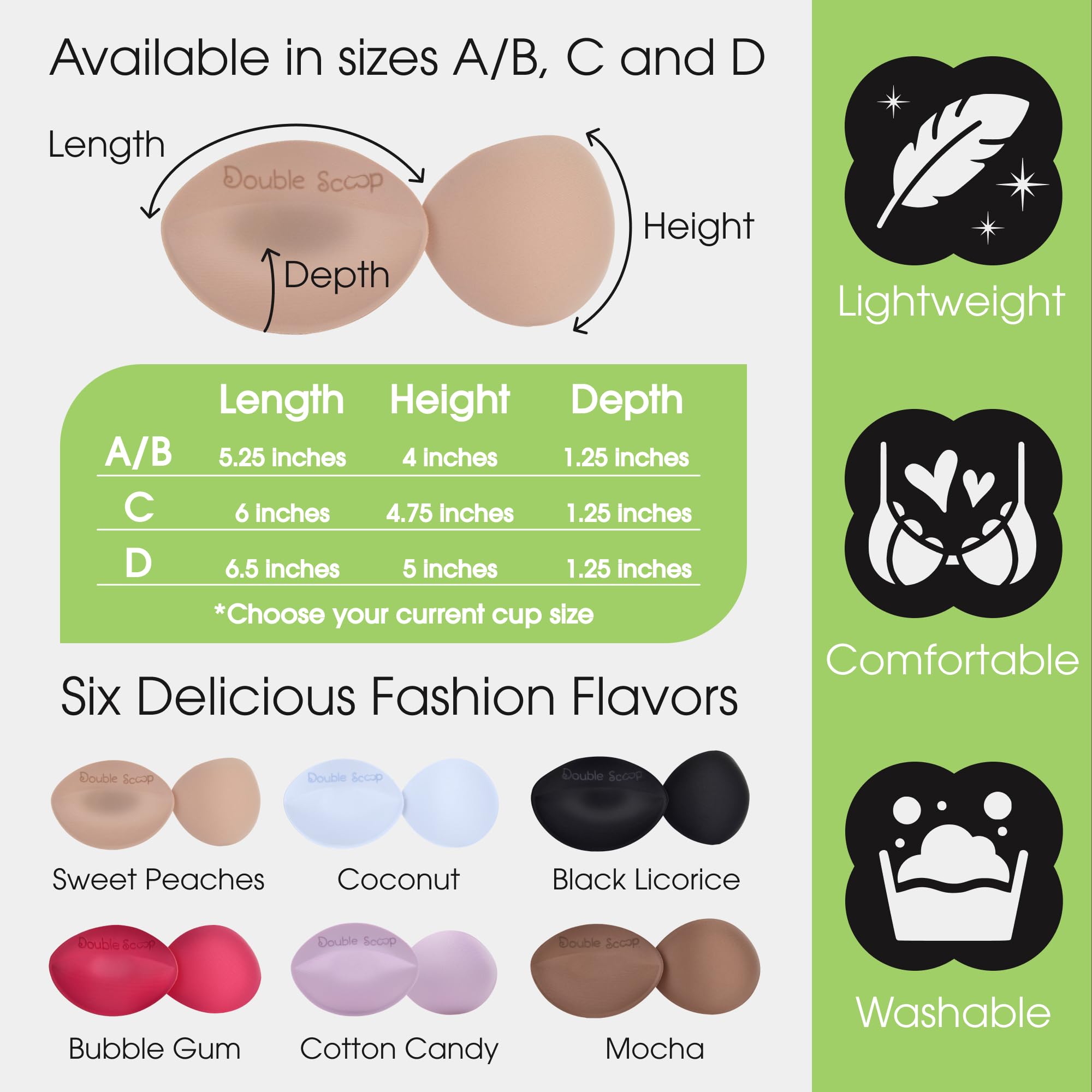 Double Scoop® Push Up Inserts w/Bonus Tape Sticky Strips, Instant Breast Implants, Replacement Bra Pads, Padded Bralette Hack, Breast Lift, Foam Bra Filler Insert, Bra Stuffer, Cup Size D (Black)