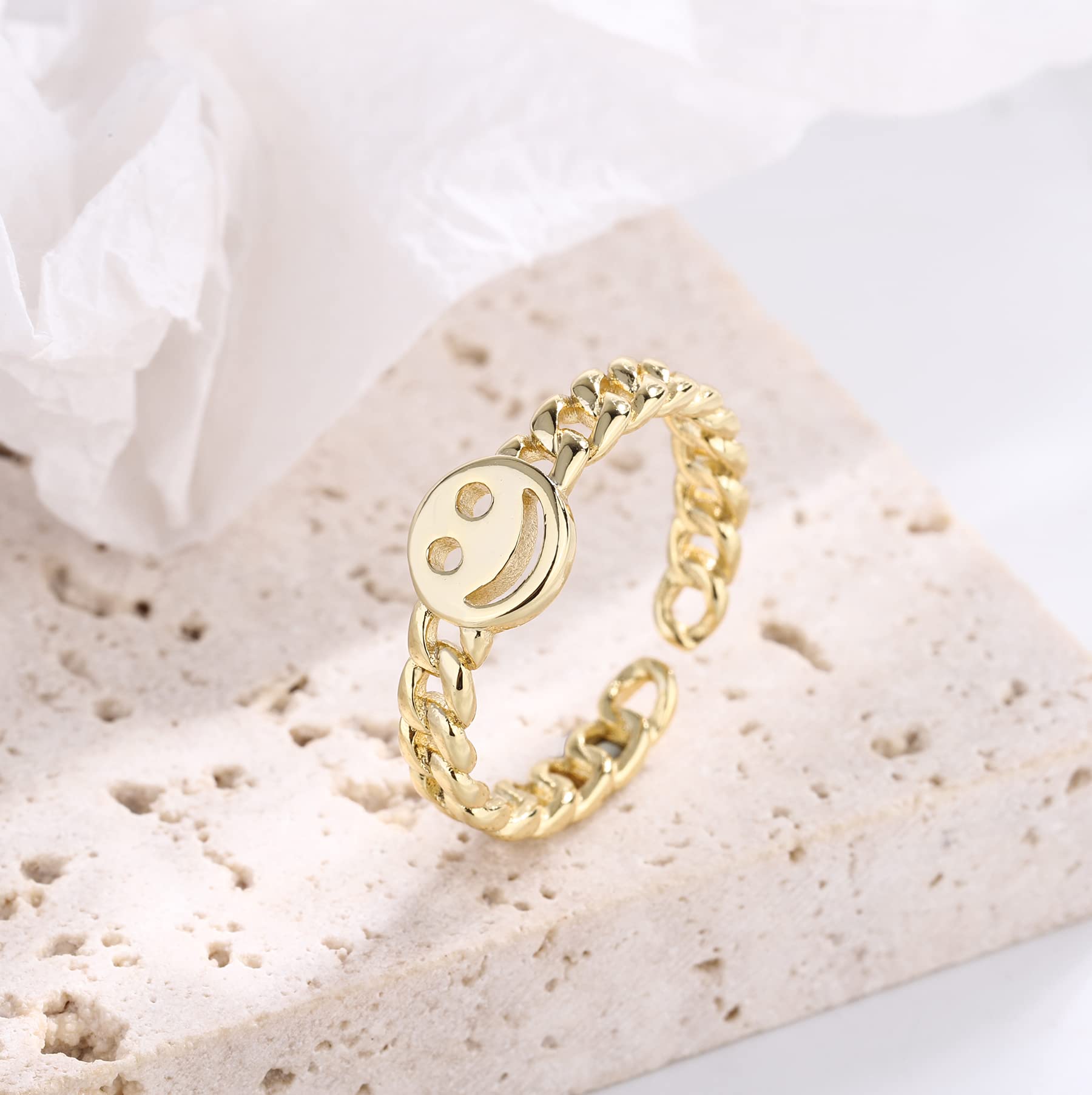 DXZNBEST Women Smiley Face Ring Good Luck Band Open Smiling Happy Face Rings Statement Jewelry Adjustable Bands for Women Men 2PCS