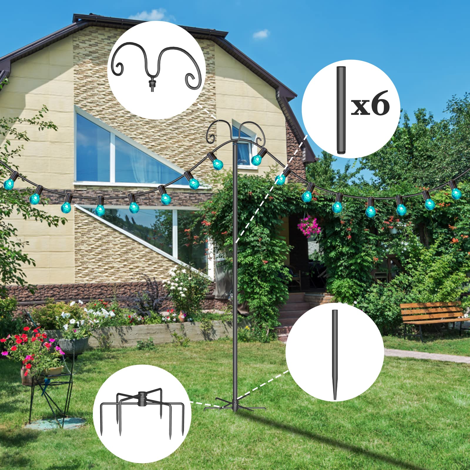 FEIERYA String Light Poles for Outdoor 2 Packs, Double Shepherd Hooks for Outdoor, Heavy Duty Christmas Light Pole, 10ft Bird Feeding Station, 2 Hooks Bird Feeder Stand (Black)