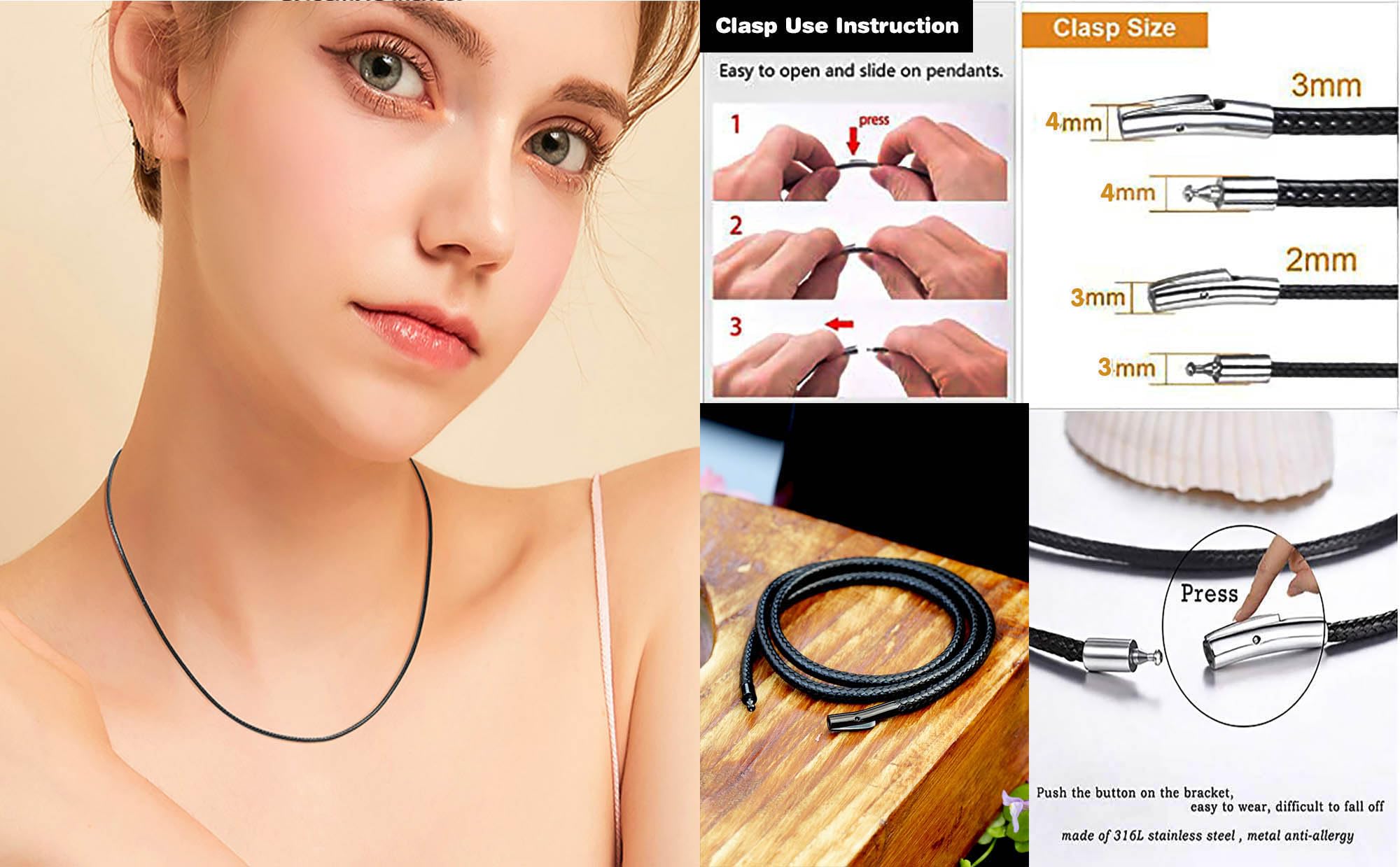 Findout 2mm black Waterproof Braided Leather Necklace Wax Rope Chain For Men, Waterproof Braided Leather, No Gemstone