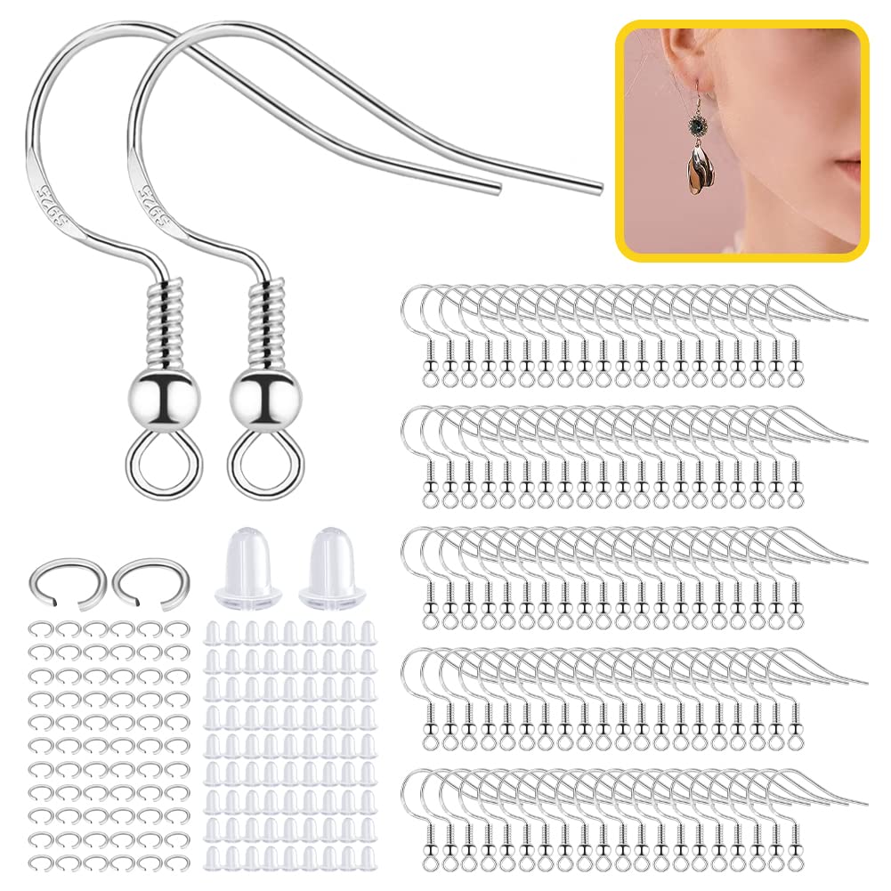 FANCY NOVA Earring Hooks Silver, 925 Sterling Hypoallergenic Earrings Wires Fish Hooks for Jewelry Making Finding with Jump Rings & Clear Rubber Earring Backs (Silver,120 PCS/60 Pairs)