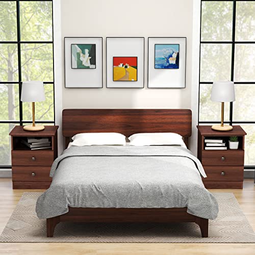 UYIHOME Walnut Nightstand with Storage Drawers and Open Shelf, 2 Drawers End Table with Sturdy Base, Farmhouse Wood Nightstand Bedside Table Sofa-Side Accent Table for Bedroom