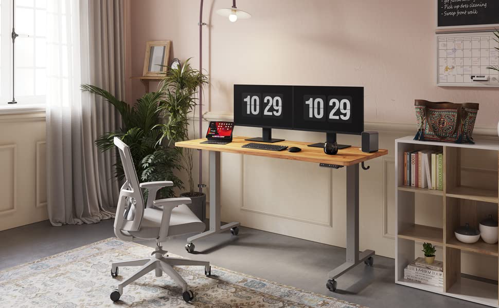 EleTab 55 x 24 Inch Electric Standing Desk with Drawer, Stand up Desk Adjustable Height for Home Office, Sit Stand Computer Desk, Ergonomic Workstation White Steel Frame/Light Rustic Brown Tabletop