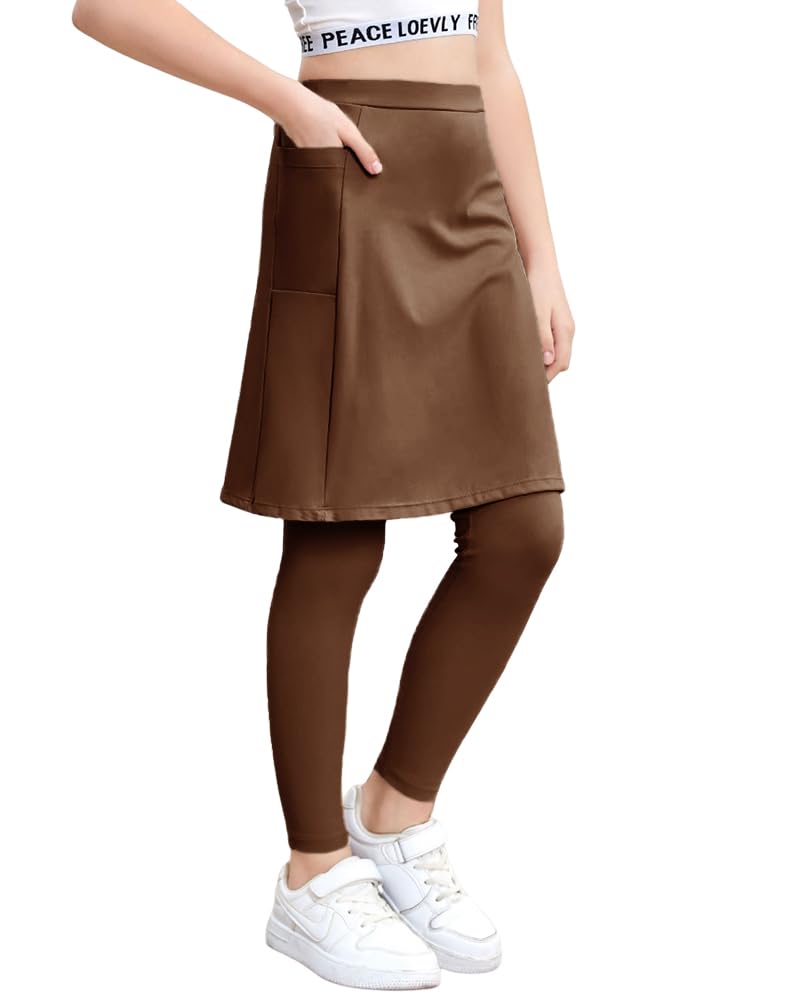 Gyiefcg Girls' Athletic Tennis Golf Skirt with Legging Workout Skirted Leggings Active Dance Skort with Pockets Khaki