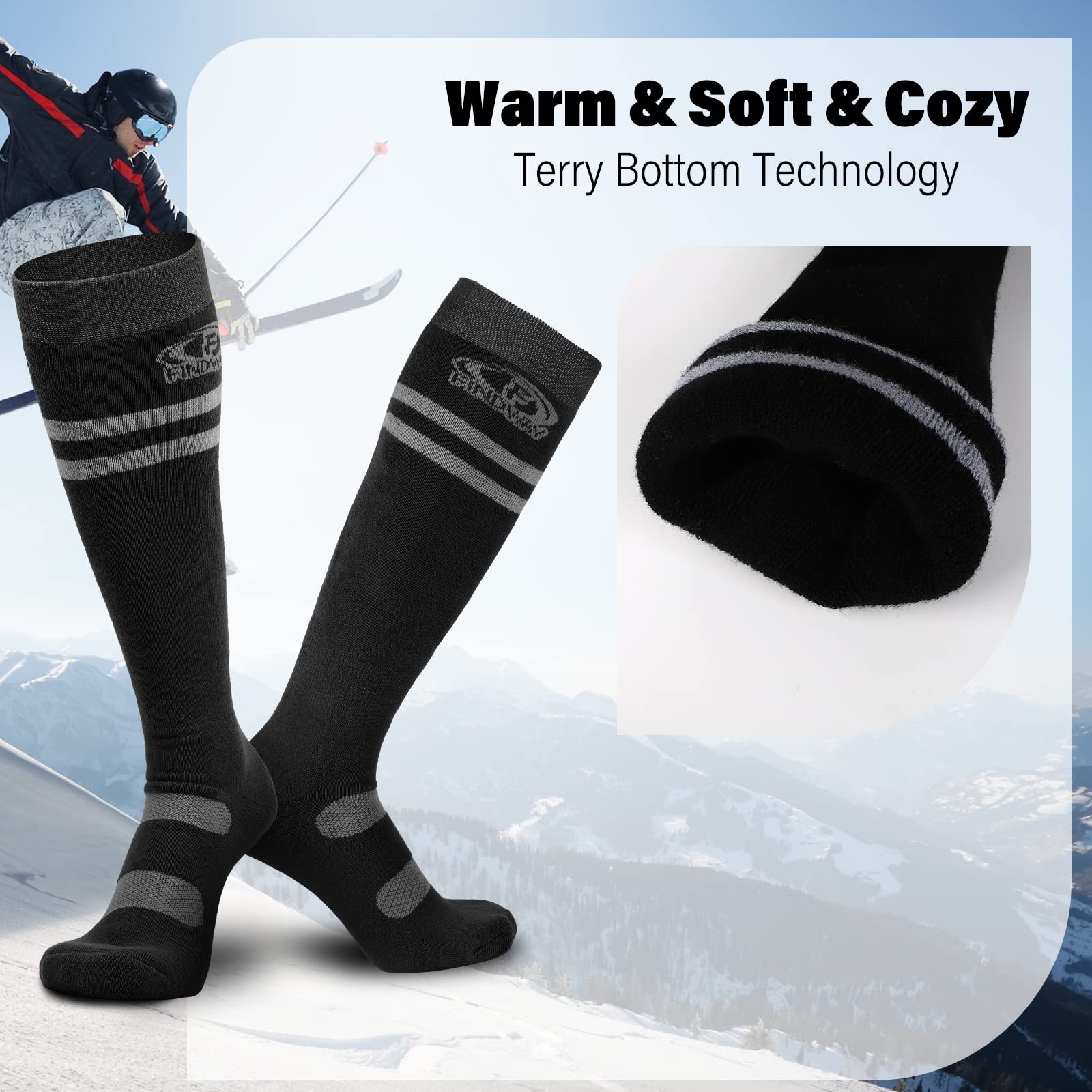 findway Ski Socks, 2/3 Pairs Snowboarding and Skiing Socks, OTC Non-Slip Cuff Winter Thermal Warm Socks for Men & Women