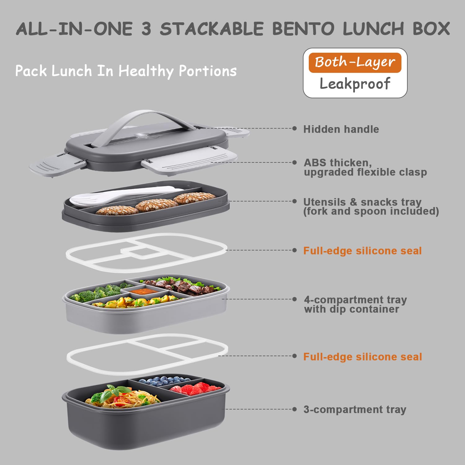 QQKO Bento Box Adult Lunch Box, 3 Stackable Bento Lunch Containers for Adults, Bento Box for Kids, 1900 ML Food Containers, Leak-Proof, Microwave, Dishwasher Safe, Green
