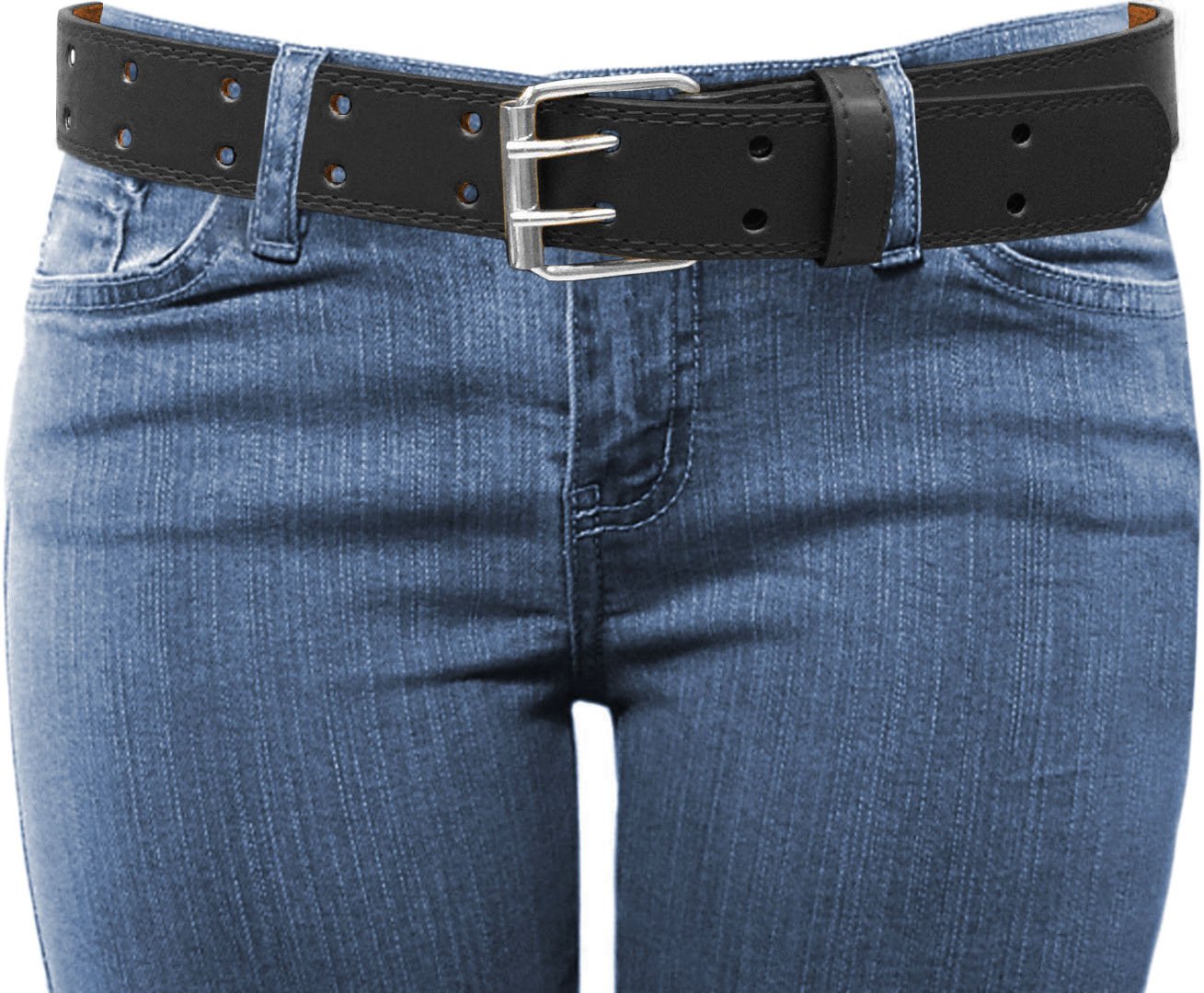 EURO Womens Thick Wide 2 Hole Leather Belt - BN9041 - Black 3XL