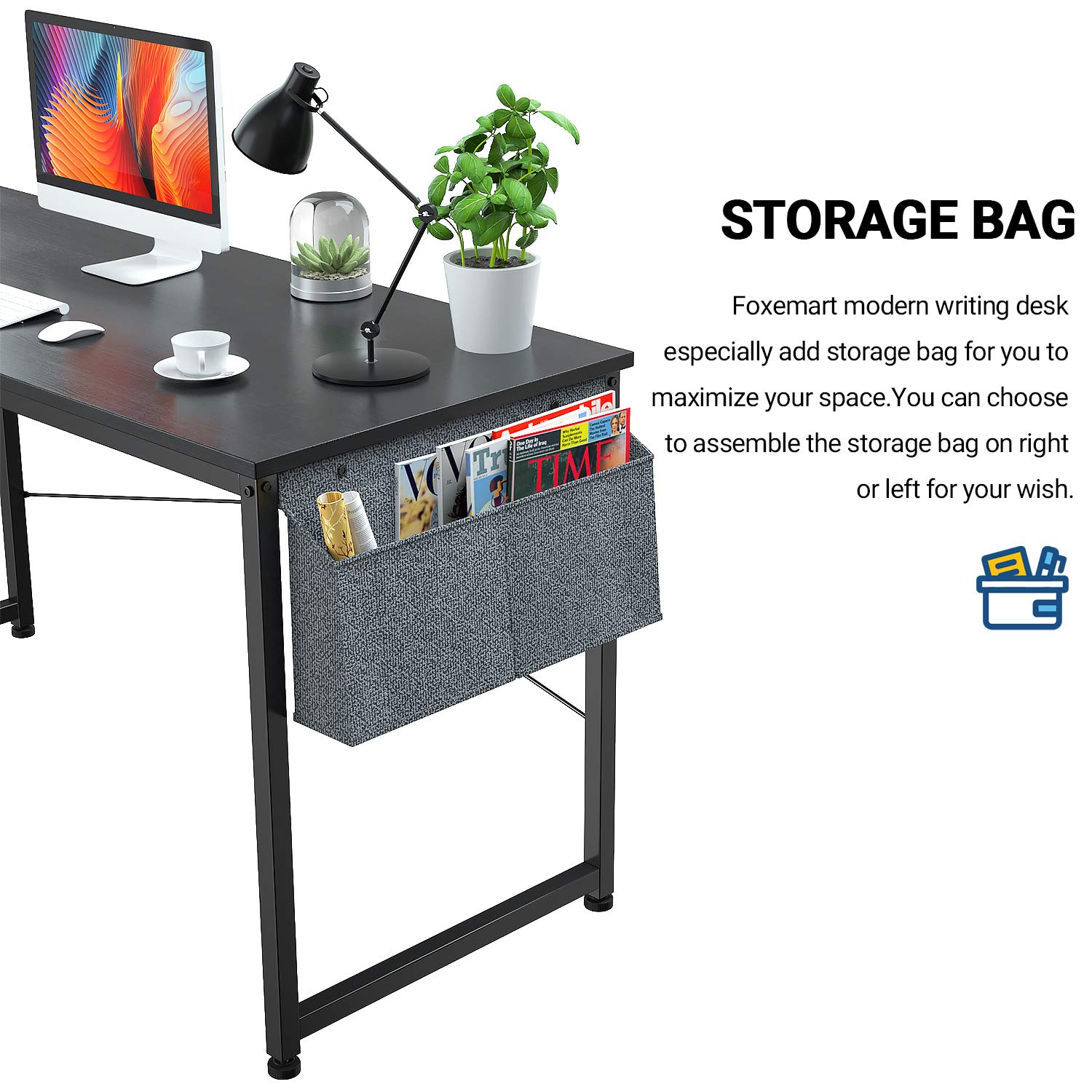 Foxemart Computer Desk 47" Office Desks Writing Study Desk Modern Simple PC Laptop Notebook Table with Storage Bag and Iron Hook for Home Office Workstation, White