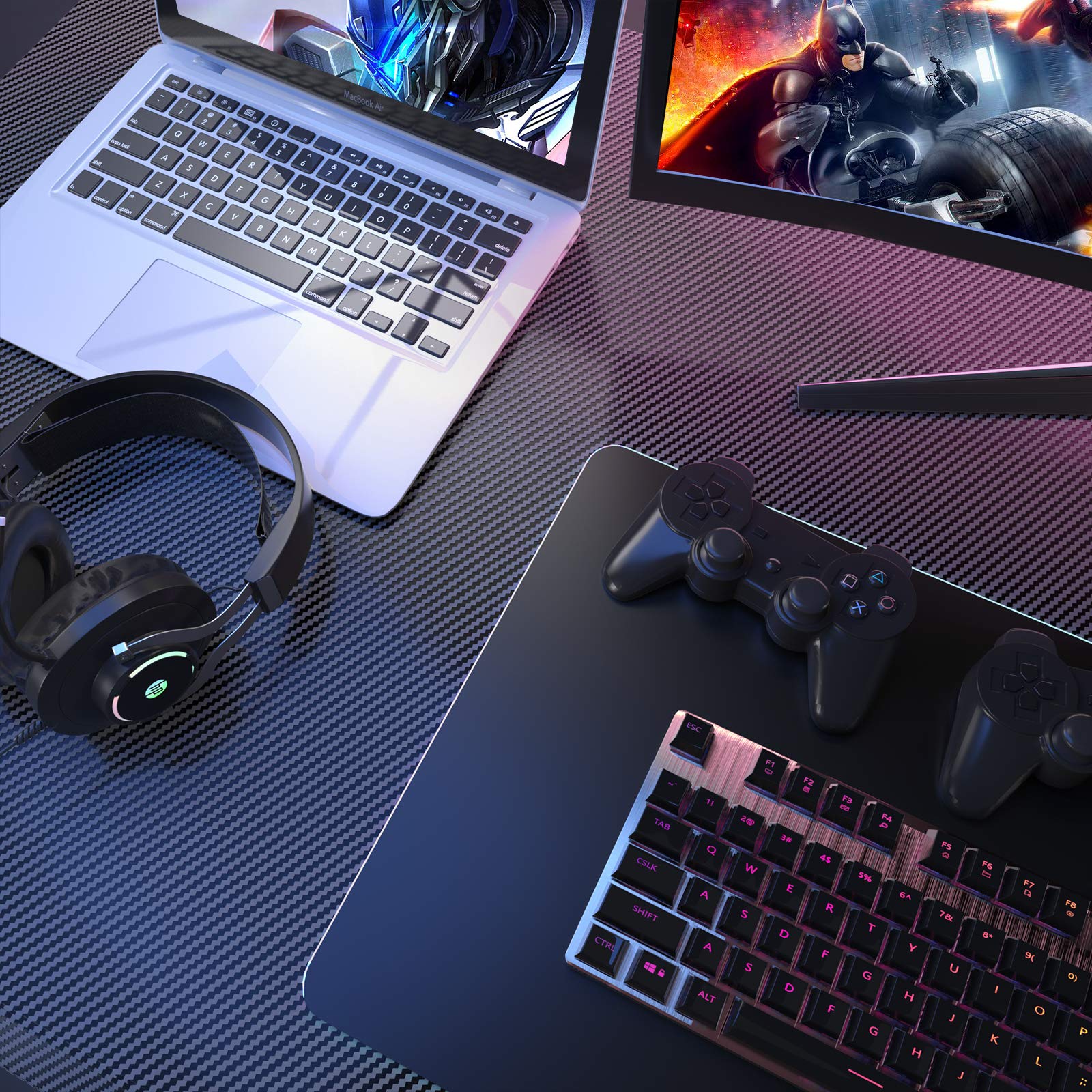 Foxemart Gaming Desk 55 inch PC Gaming Desk, Game Computer Desk Workstation, T-Shaped Professional Gaming Desk, Home Office Computer Table with Cup Holder & Headphone Hook