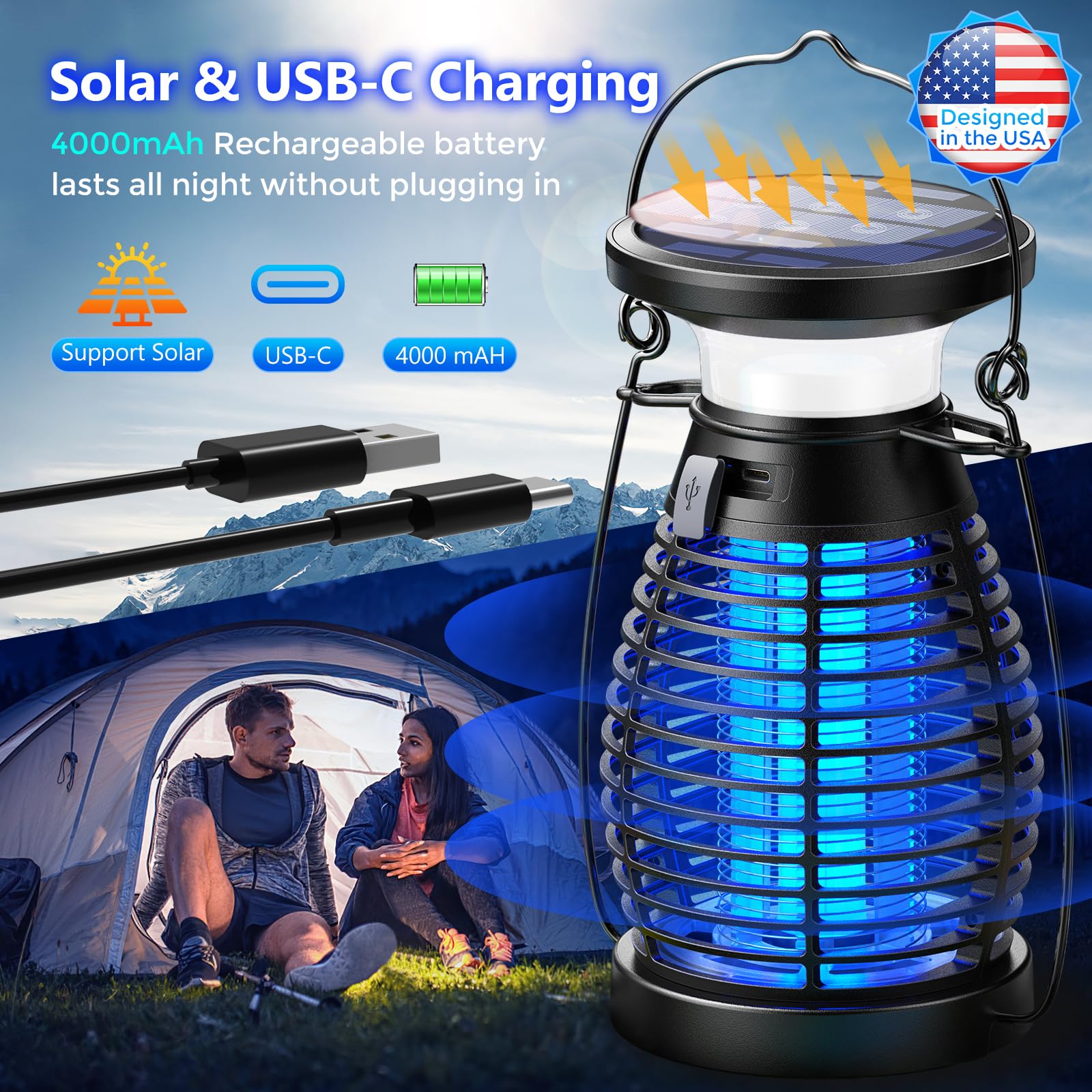 GTERT Solar Bug Zapper, 4200V Mosquito Zapper Outdoor, 4 in 1 Cordless Bug Zapper, Rechargeable Bug Zapper Outdoor Solar Powered with 4000mAh Battery, Portable Waterproof Fly Zapper for Patio