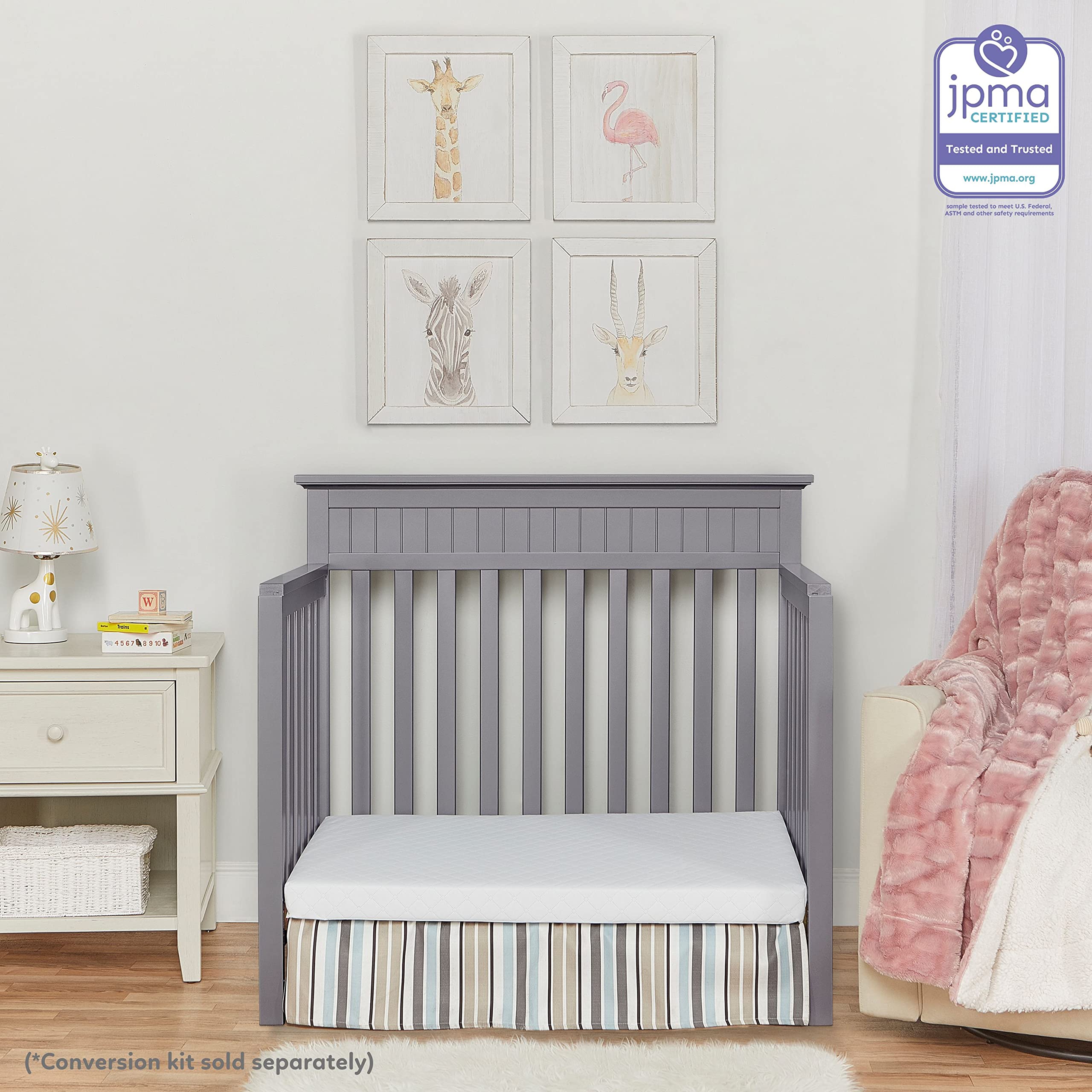 Dream On Me Harbor 4-in-1 Convertible Mini Crib in Storm Grey, Greenguard Gold Certified