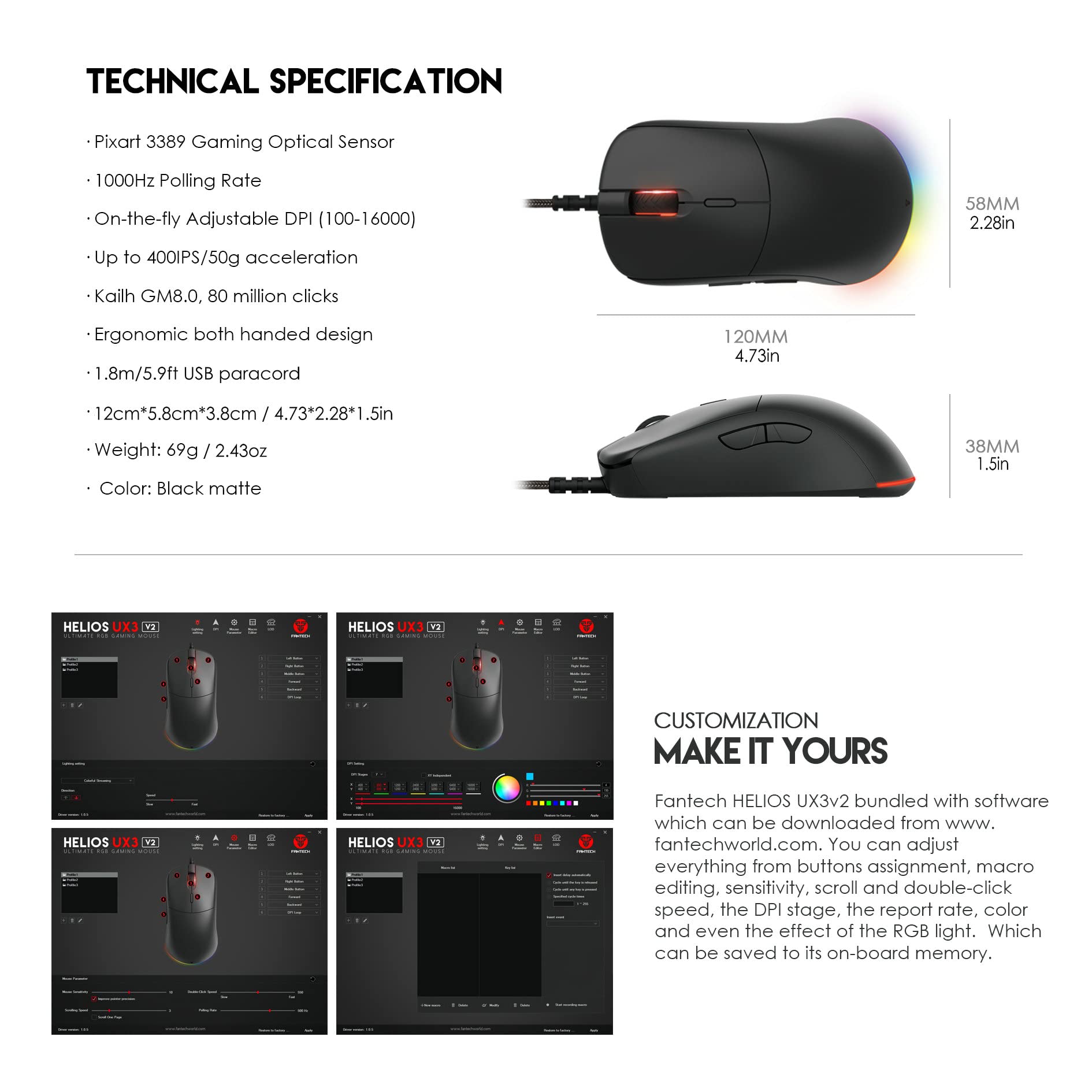 FANTECH Helios UX3V2 Symmetrical RGB Gaming Mouse, PixArt 3389 16,000 DPI Kailh Switches 6 Programmable Buttons Professional Grade Small Size Mouse, Light Weight Mouse, Matte Black