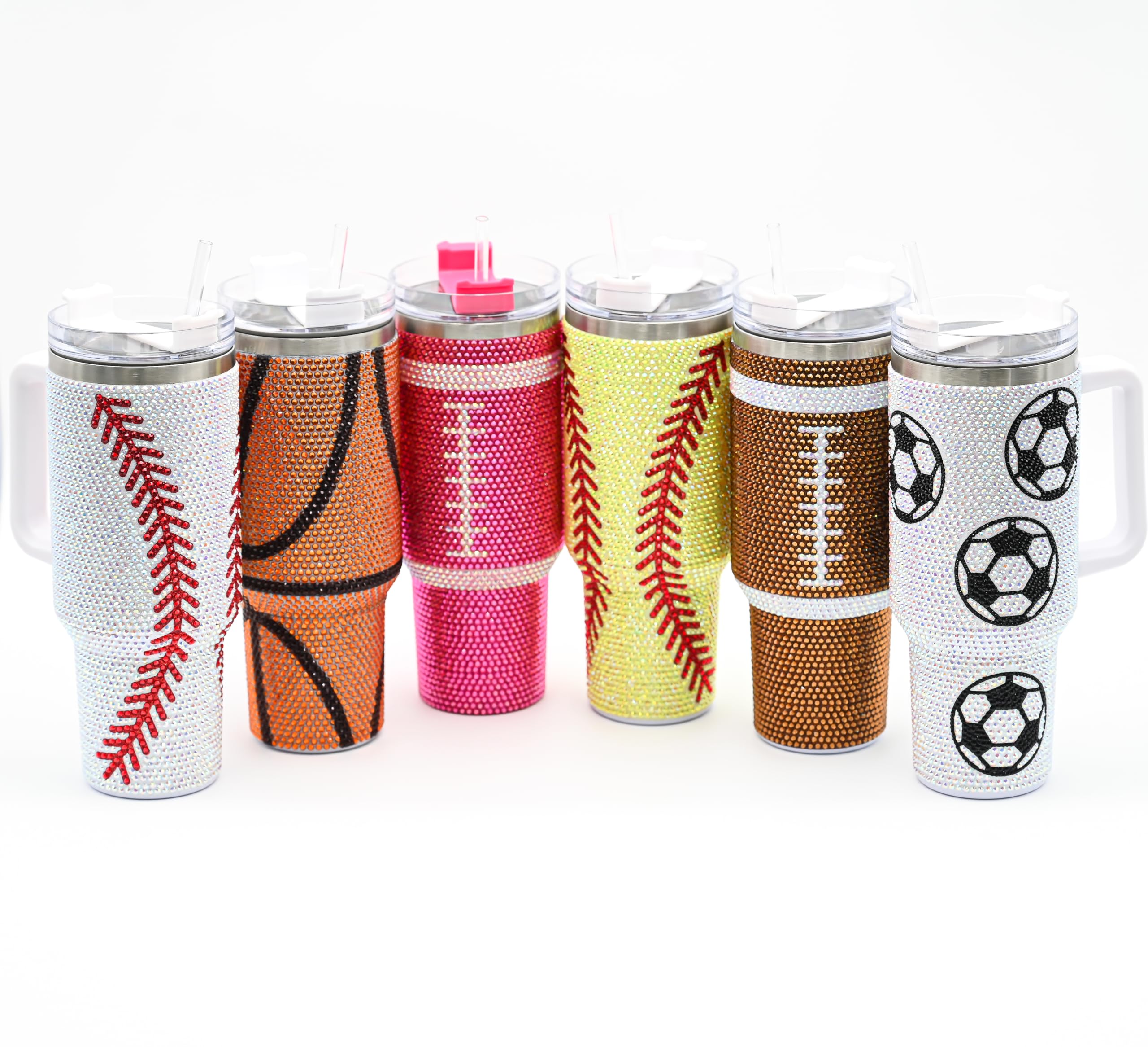 SEM LIFE 40 Oz Rhinestone Bling Tumbler Cup with Handle and Straw (BASEBALL), Stainless Steel and Double Wall Insulated