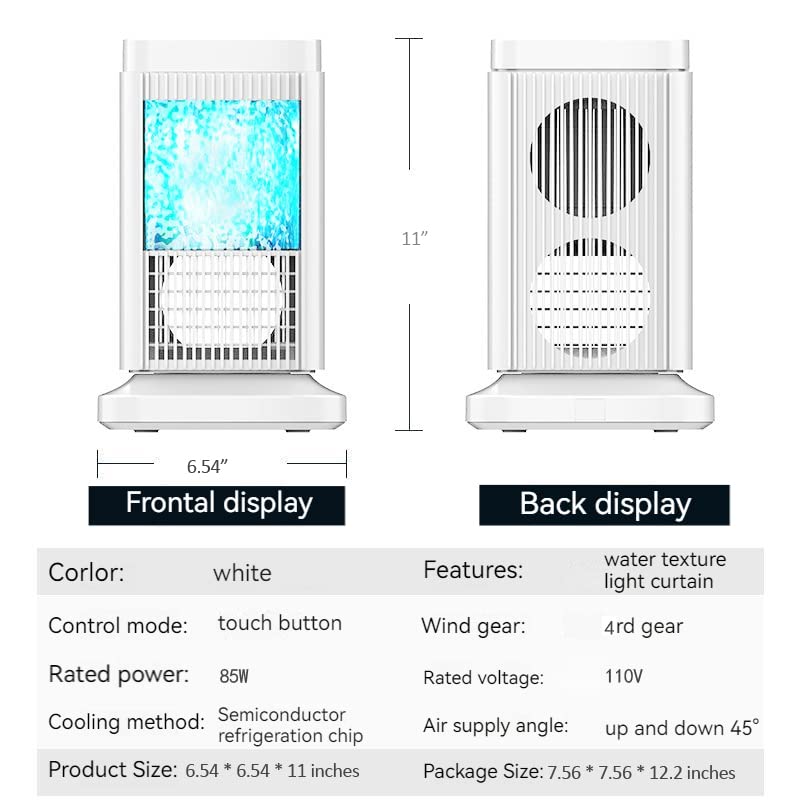 Portable Air Conditioner,Semiconductor Mini Air Conditioner 85W,With Water Stripe Aurora Night Light Personal Air Conditioner,Small AC Fan 4-Speed Silent for Desk,Home,Bedroom,Room,Office,Travel-White