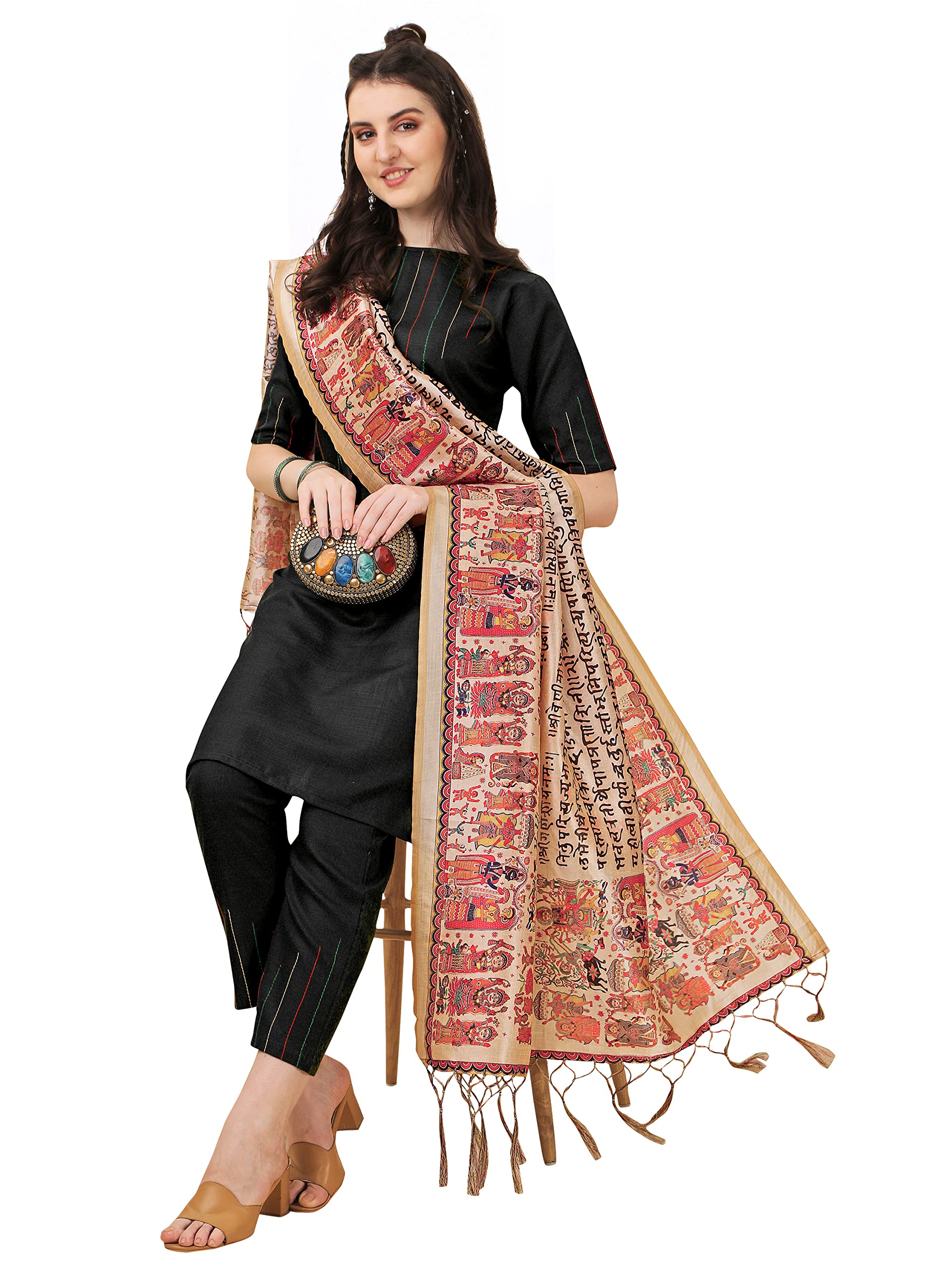 EthnicJunction Women's Solid & Shtriped Work Cotton Kurta Pant with Dupatta Set (XX-Large) (Bottle Green)