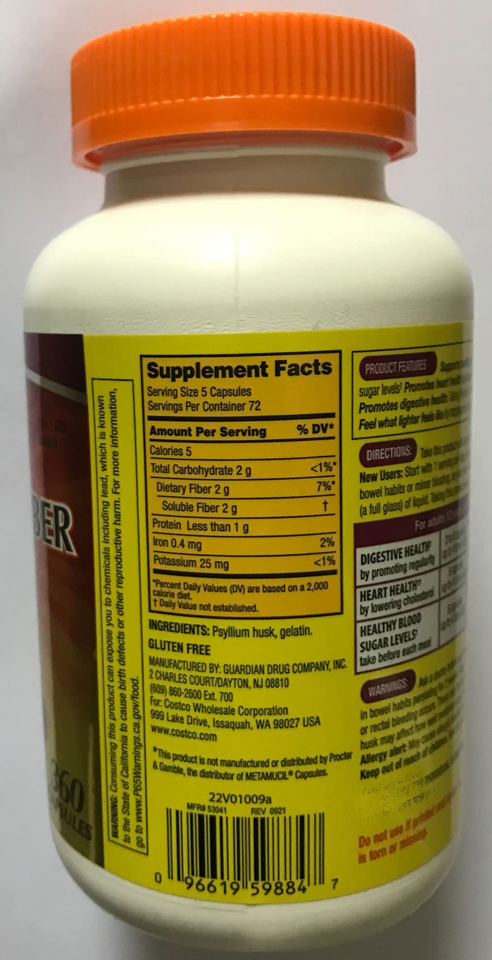 Fiber Capsules Kirkland Therapy for Regularity/Fiber Supplement, 360 capsules - Compare to the Active Ingredient in Metamucil Capsules