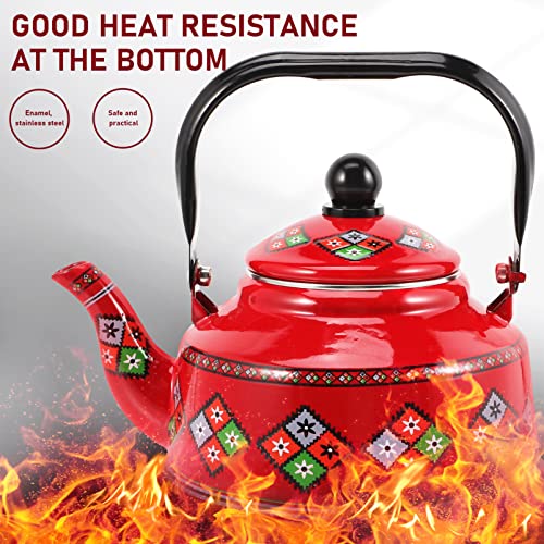 GANAZONO Vintage Enamel Teapot Stainless Steel Tea Kettle Camping Coffee Kettle Floral Hot Water Boiler Pot for Home Kitchen Red 2.5L