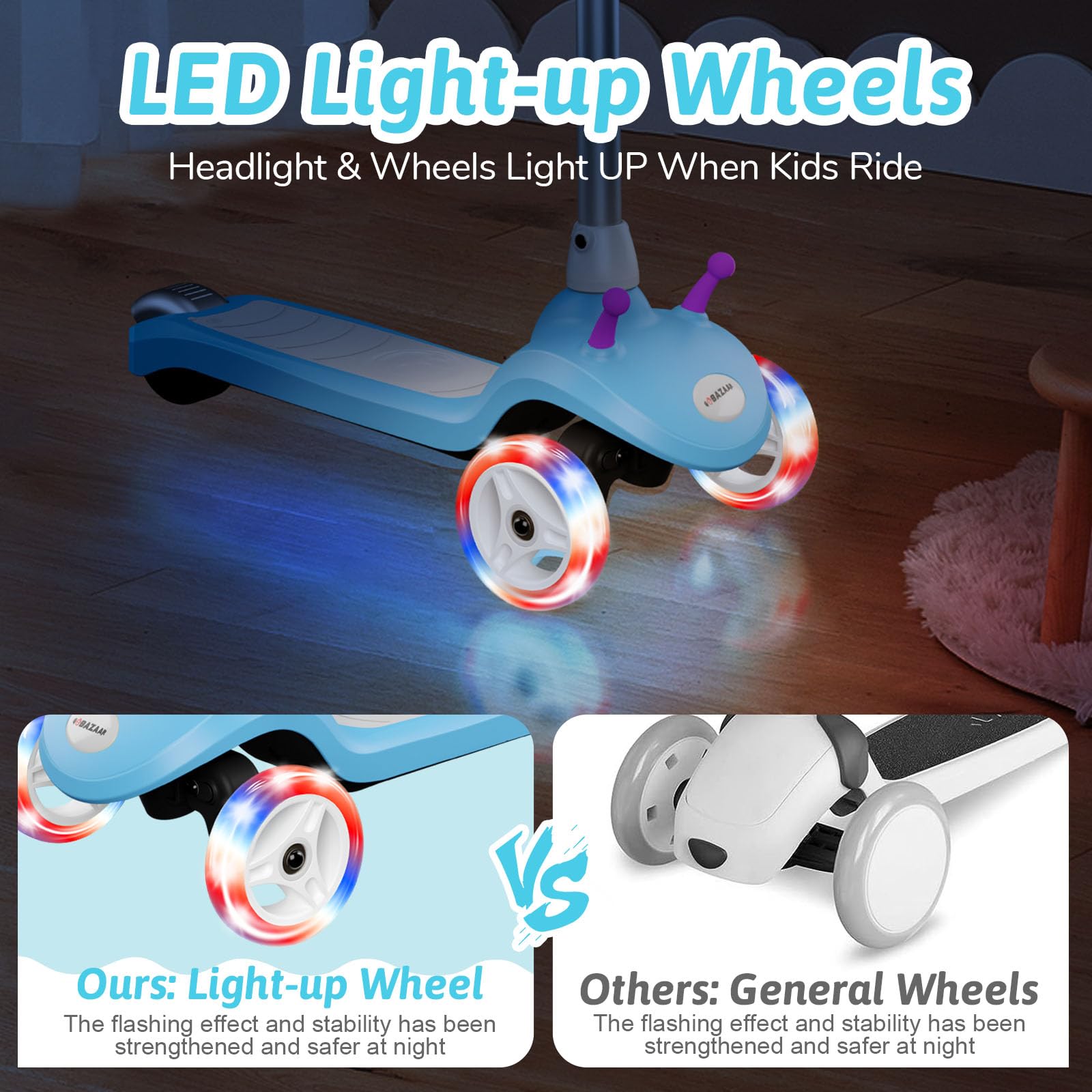 Electric Scooter for Kids Gobazaar, LED Light-up Wheels, 3 Height Adjustable, C-Shaped Handle, Lean-to Steer Design, 3 Wheel Scooter for Kids 2-10Y, Best Children's Gifts