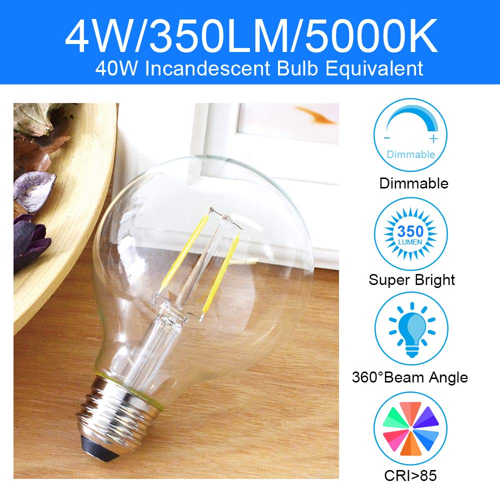 Energetic 12-Pack LED Globe G25 Dimmable Edison Light Bulb, 40 Watt Equivalent, 5000K,350LM, E26 Medium Screw Base, Christmas Light, G80 LED Edison Light Bulb, UL Listedā¦