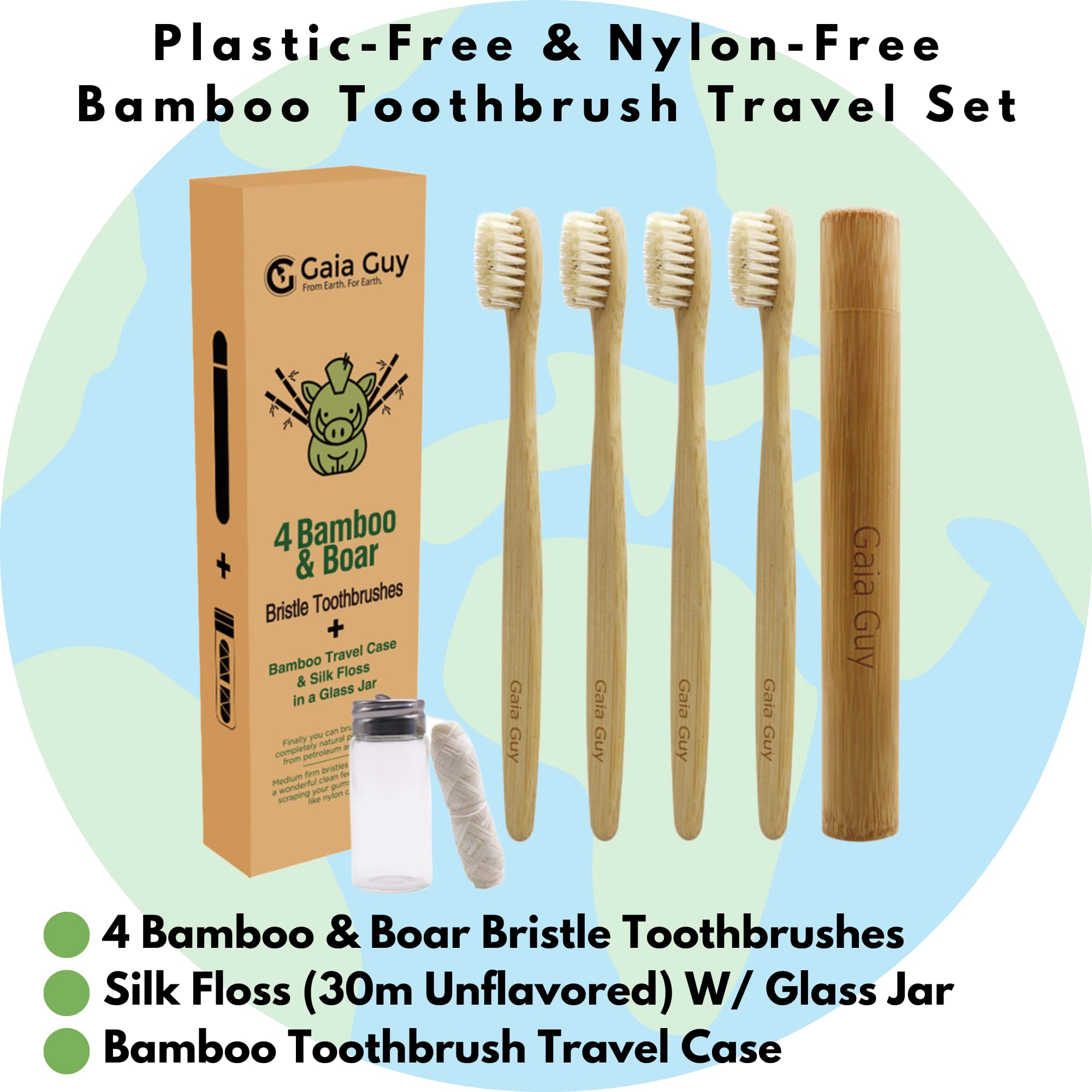Gaia Guy Plastic-Free Eco Dental Kit - Bamboo and Boar Bristle Toothbrushes, Silk Floss, Travel Case and Copper Tongue Scraper