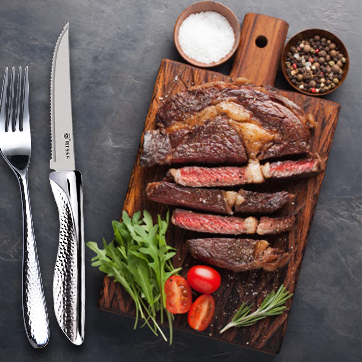 HISSF Steak knives Set of 8,Serrated Stainless Steel Sharp Blade Flatware Steak Knife Set,Unique Hammered Pattern Hollowed Handle,4.5 In,Dishwasher Safe