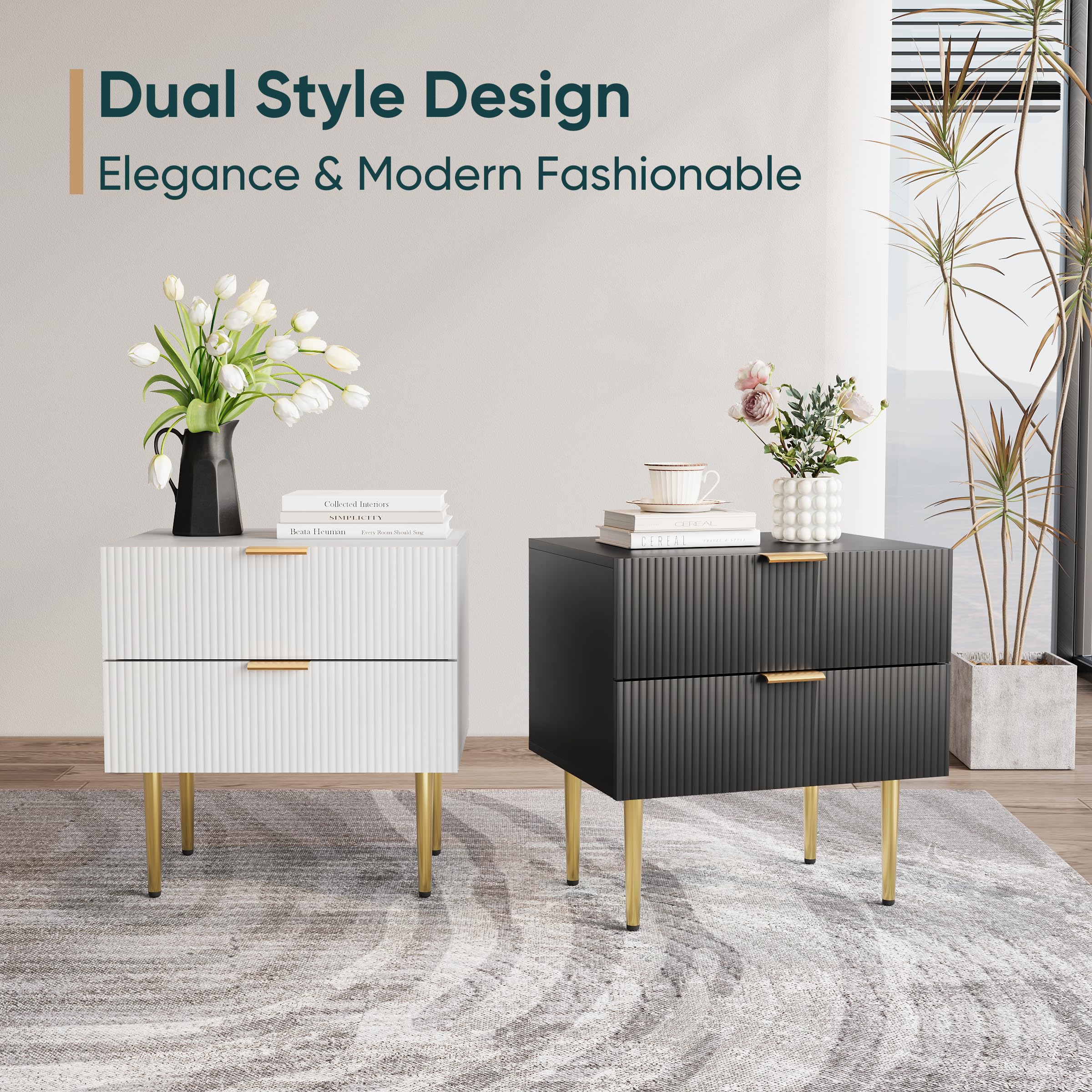 Semiocthome White Nightstand, Mid Century Modern Night Stand with 2 Wave Fluted Panel Drawers, Bedside Table with Gold Metal Legs, Bedroom Set Wide Tabletop Bed Side Table, End Tables for Living Room
