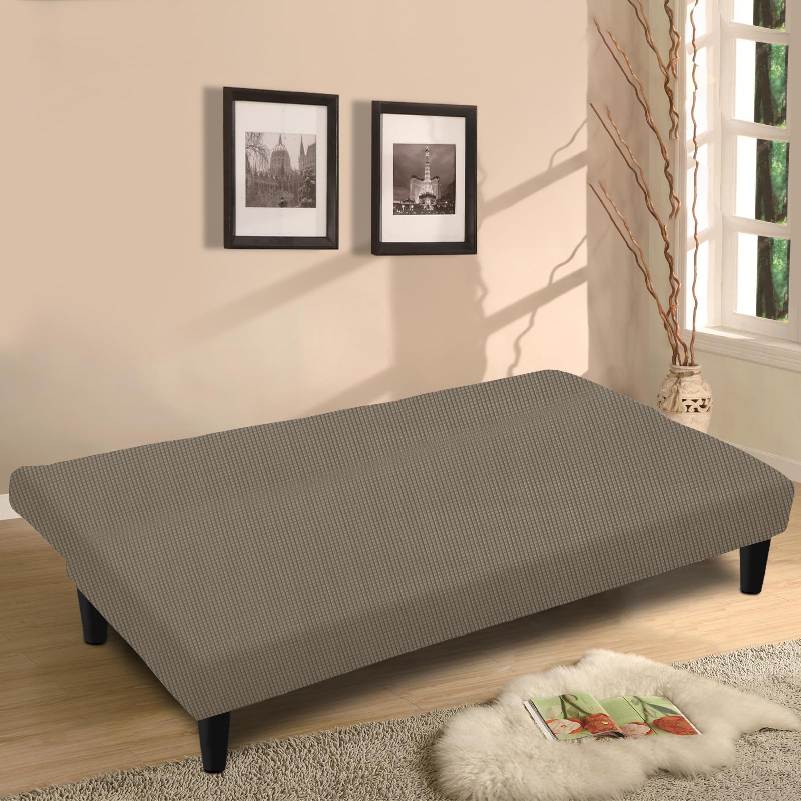 FIGOOO Armless Futon Cover Stretch Armless Sofa Slipcover Spandex Elastic Universal Armless Sofa Bed Cover Furniture Protector Without Armrests Armless Loveseat Slipcover for Dog Cat,Khaki
