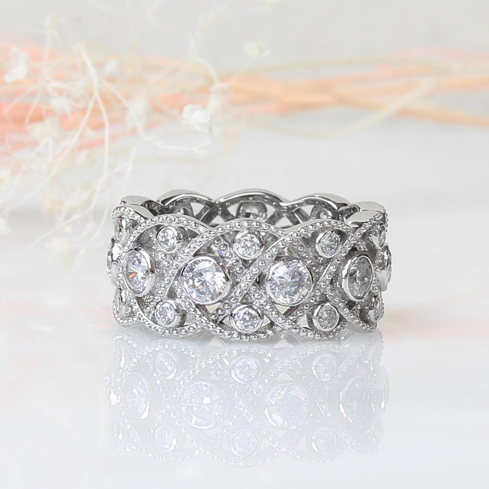 DoubleAccent Platinum Plated Sterling Silver Ring 1.75 CT CZ Stone Bezel Wedding Band Vintage Eternity Wide Band Ring, 8mm (Size 5 to 9), 7