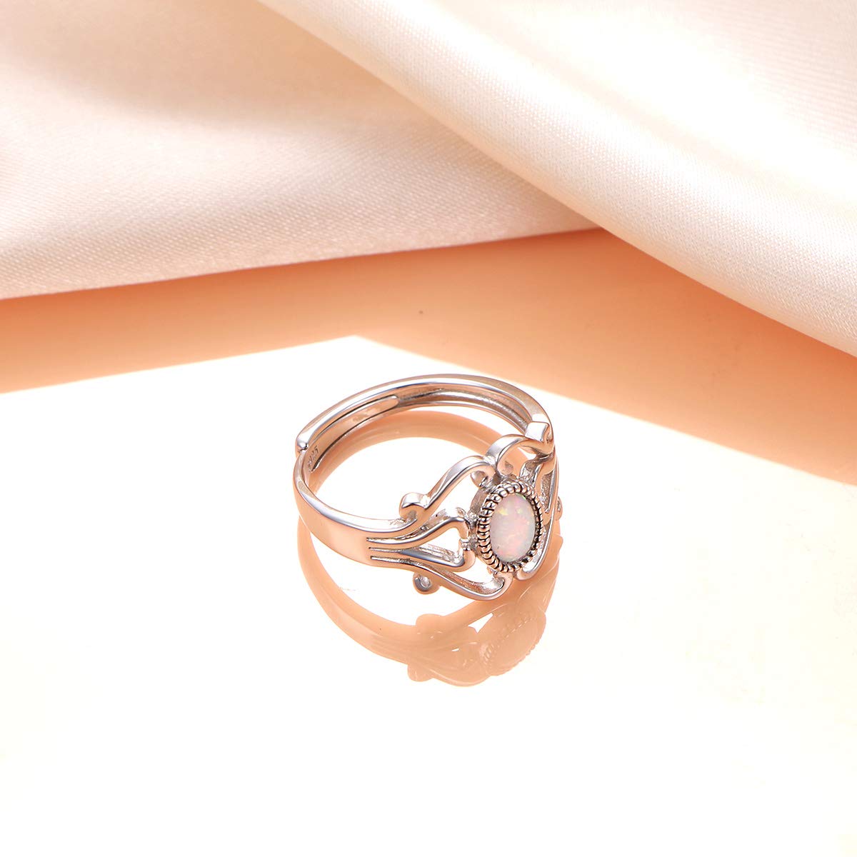 FLYOW Adjustable White Created Opal Rings for Women 925 Sterling Silver Victorian Style Rope Ring Christmas Gifts Classical Magic Mirror Rings Size 9