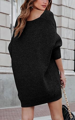 PRETTYGARDEN Women's Pullover Sweater Dress Casual Long Sleeve Ribbed Knit V Neck Loose Oversized Sweaters Dresses (Black,Large)