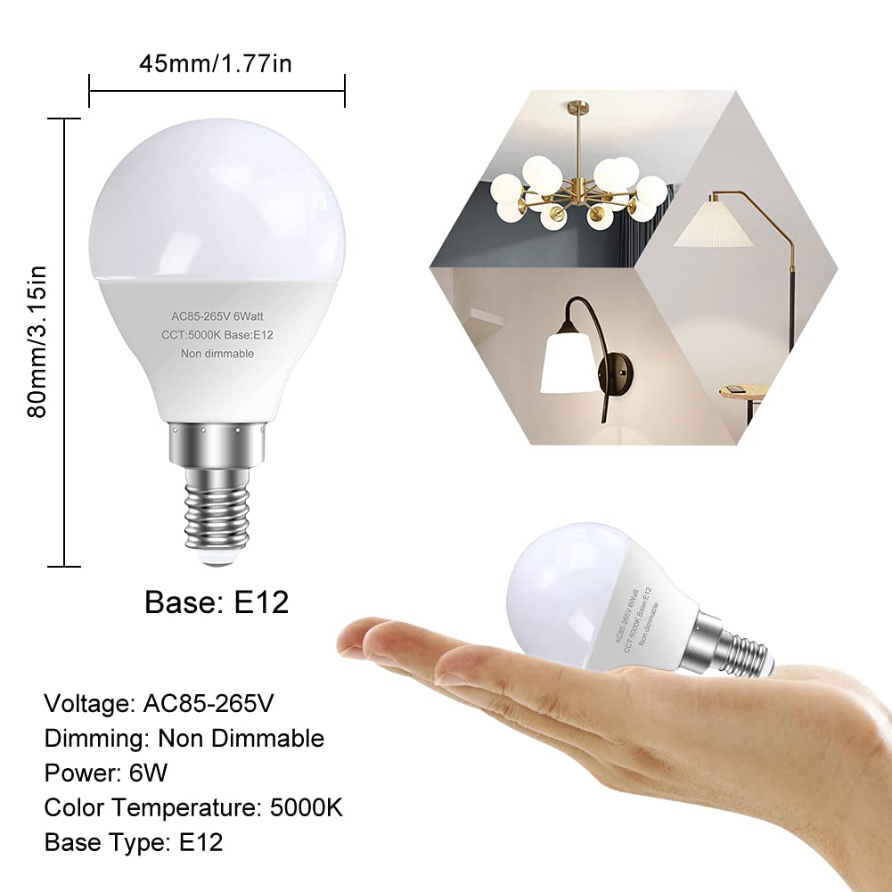 GOSCHE 12 Pack Bright Ceiling Fan Light Bulbs, 60 Watt Equivalent, 5000K, E12 Led Bulb, A15 Shape Candelabra Base Chandelier Light Bulb, 120V Small Bulb, Non-Dimmable, Daylight, 12 Pack