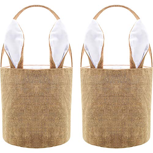 Easter Egg Basket Bunny Burlap Bag Easter Handbag for Carrying Eggs Candies and Gifts (White, 2 Pieces)
