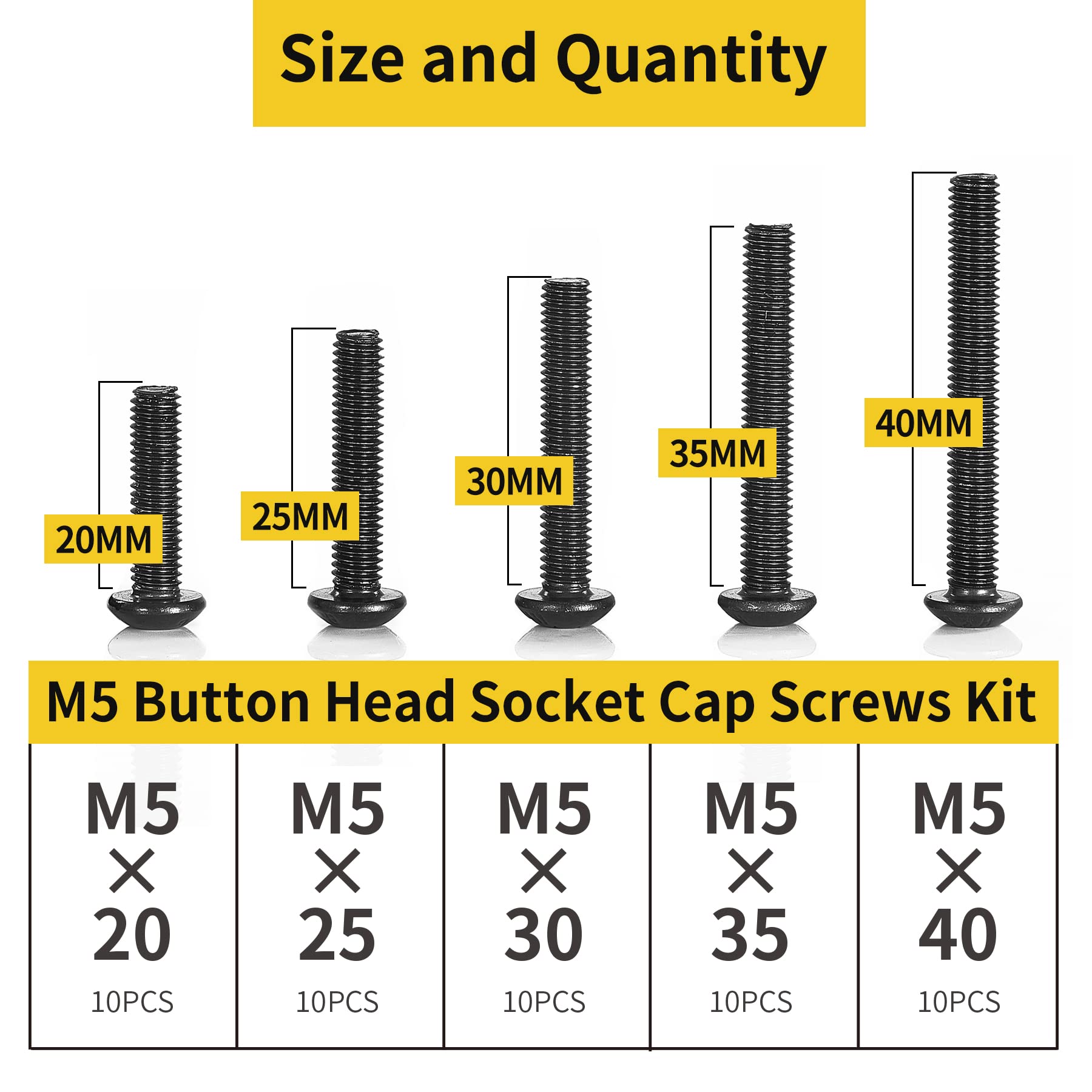 GUTEBANG M5 x 8mm 12mm 16mm 20mm 25mm Button Head Socket Cap Screws Bolts, 10.9 Grade Alloy Steel, Allen Hex Drive, Black Oxide Finish, Metric Fully Threaded, 50PCS