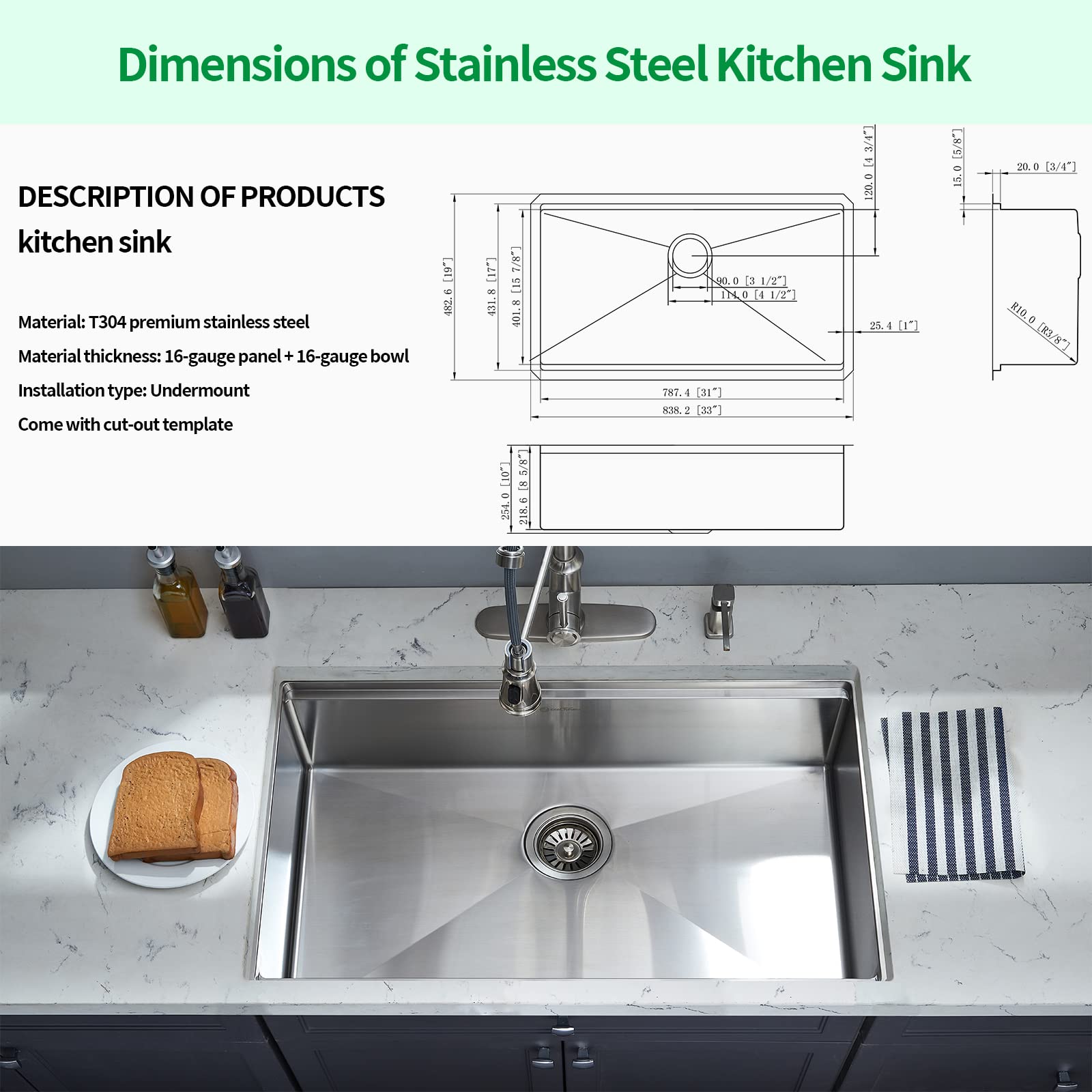 EcoChannels Undermount Kitchen Sink, 33 x 19 Inch Sink Kitchen 16 Gauge Stainless Steel Kitchen Sinks Single Bowl Workstation Sink with Cutting Board