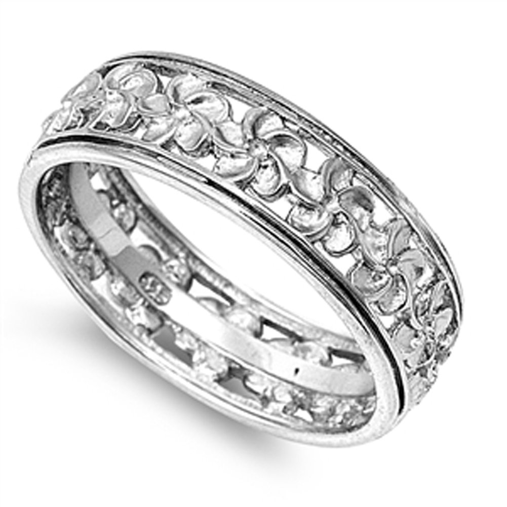 Eternity Hawaiian Tropical Flower Plumeria Ring Sterling Silver Band Size 7