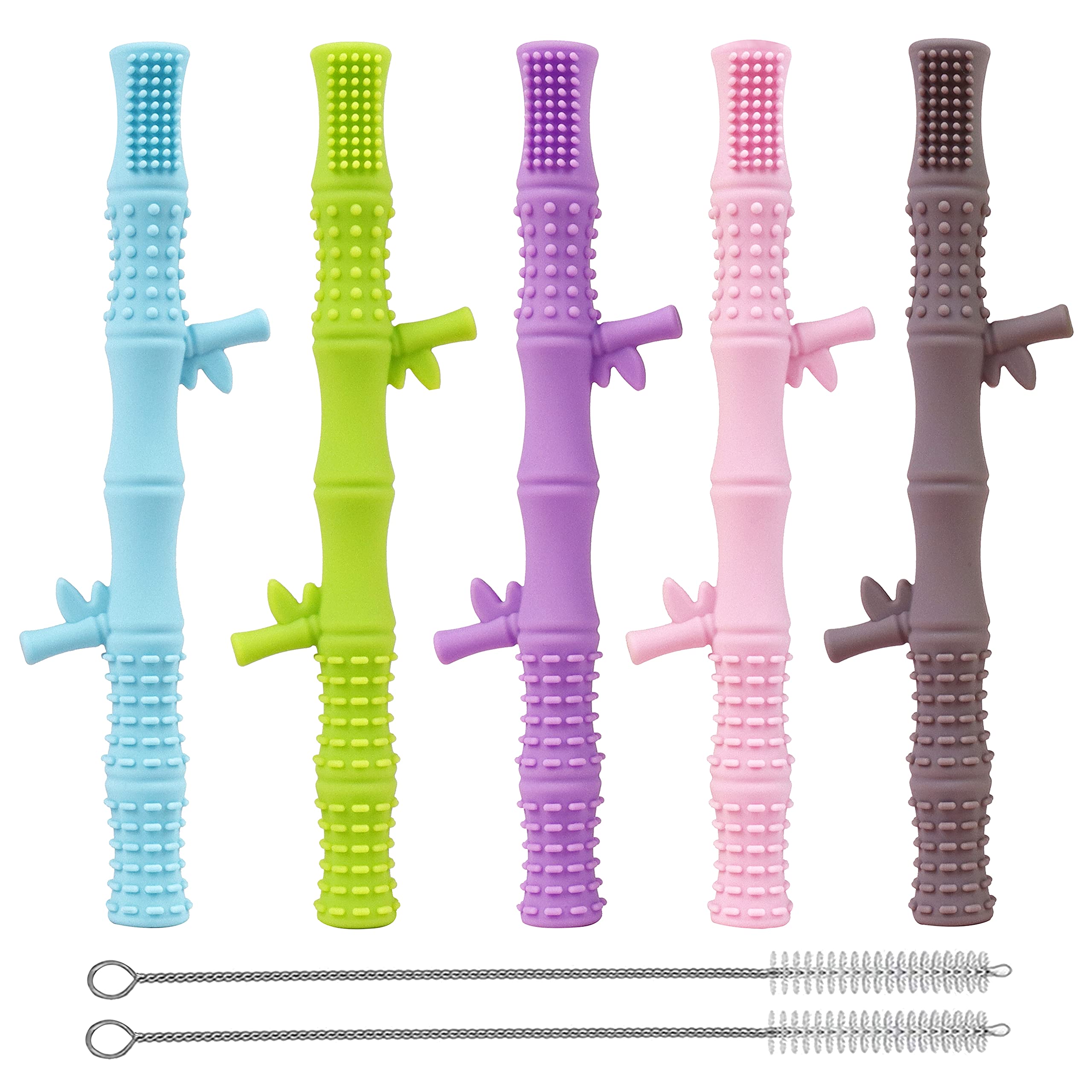 Hollow Teether Tubes for Babies 6-12 Months, 5 Pack Silicone Chew Straws Toys for Infant Toddlers, Bamboo Baby Toothbrush Molar Teether Toys with Safety Shield for Nursing Biting Chewing