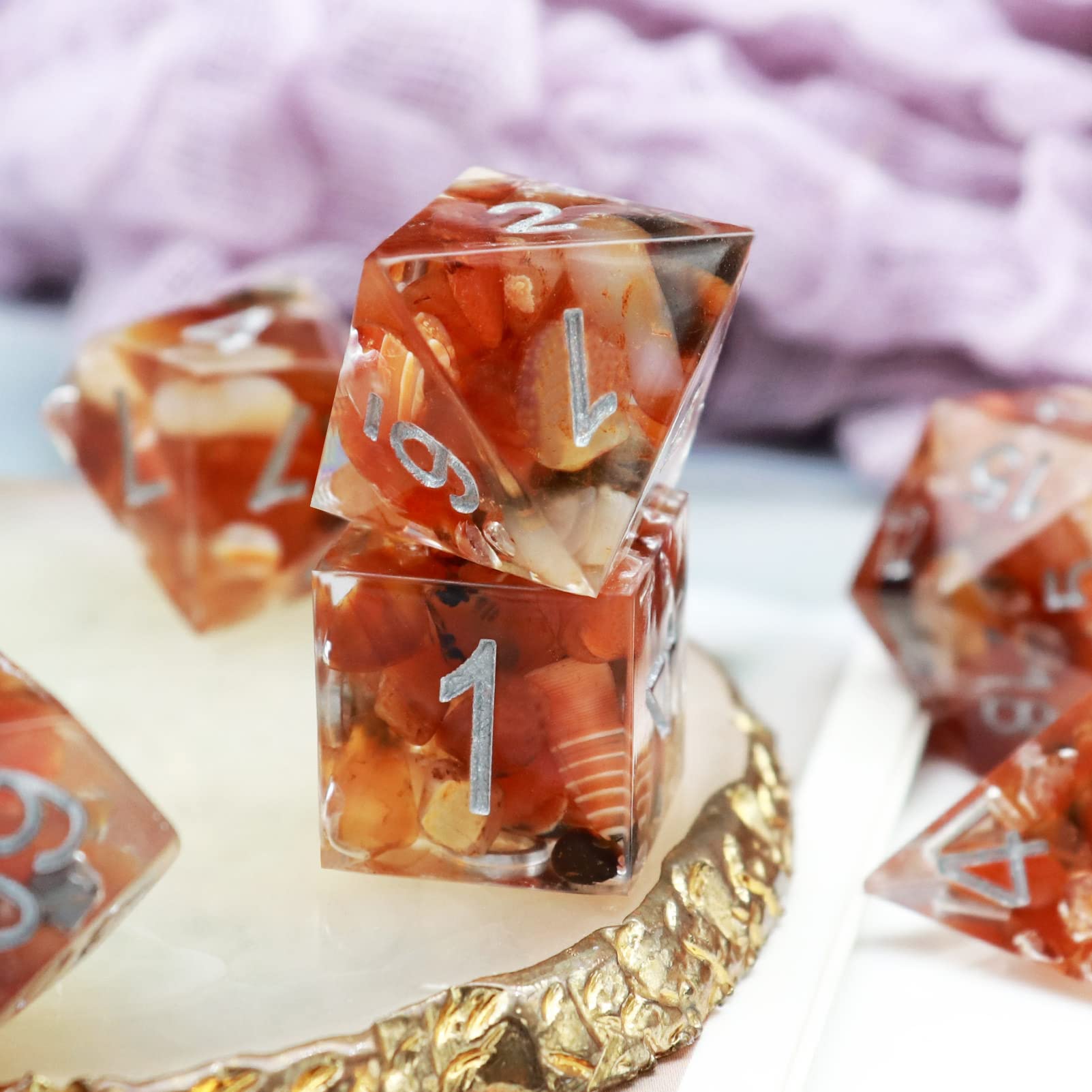 Haxtec Sharp Edge DND Dice Set Gemstone Filled Resin Dice W/Dice Case for RPG Role Playing Games Dungeons and Dragons Gift-Red Agate