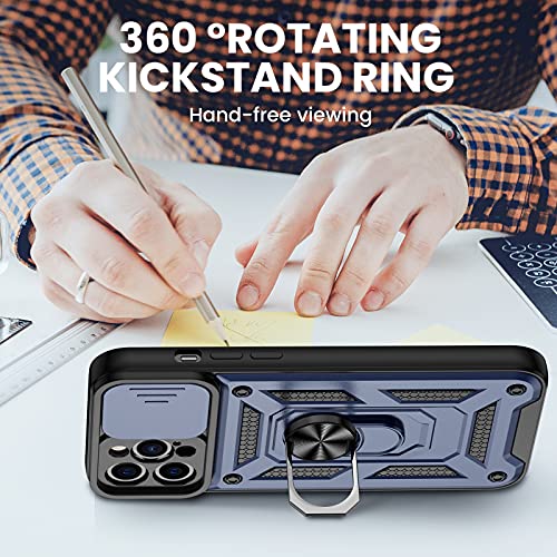 VEGO Compatible for iPhone 12 Pro Max Kickstand Case with Slide Camera Cover, Built-in 360° Rotate Ring Stand Magnetic Cover Case for Apple iPhone 12 Pro Max 6.7 inch, Blue