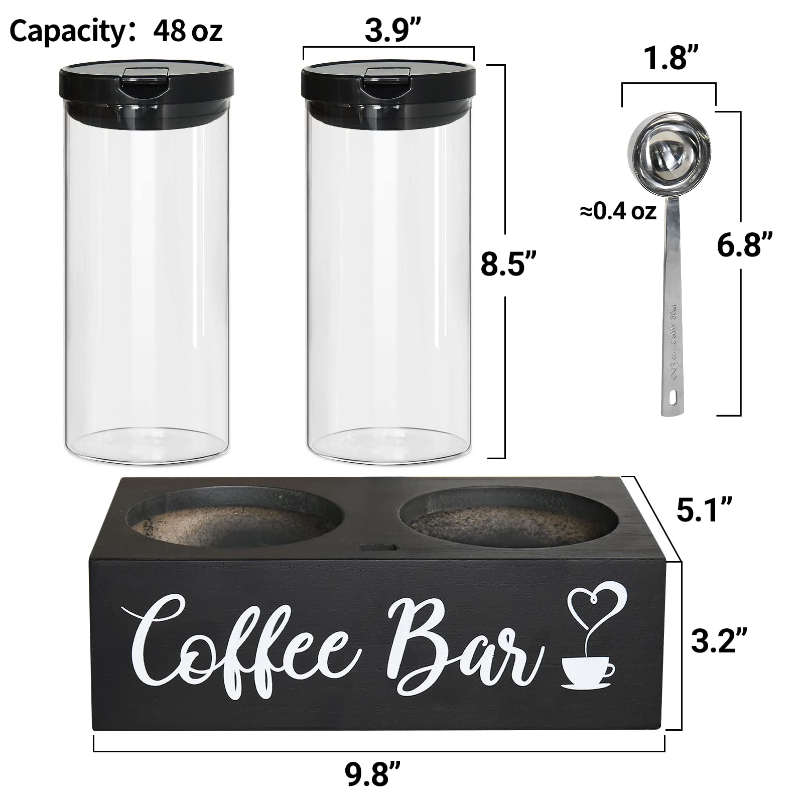 Glass Coffee Containers with Shelf,Coffee Station Organizer,Coffee Canister with Scoop,2x48oz Coffee Bean Storage with Airtight Locking Clamp,Coffee Container for Ground Coffee(Black)
