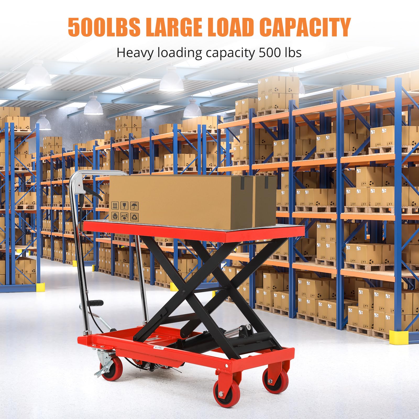 Hydraulic Lift Table Cart 500lbs, Lift Table Capacity 28.5" Lifting Height, Manual Single Scissor with 4 Wheels and Non-Slip Pad Thickness 3mm for Material Handling and Transportation Red