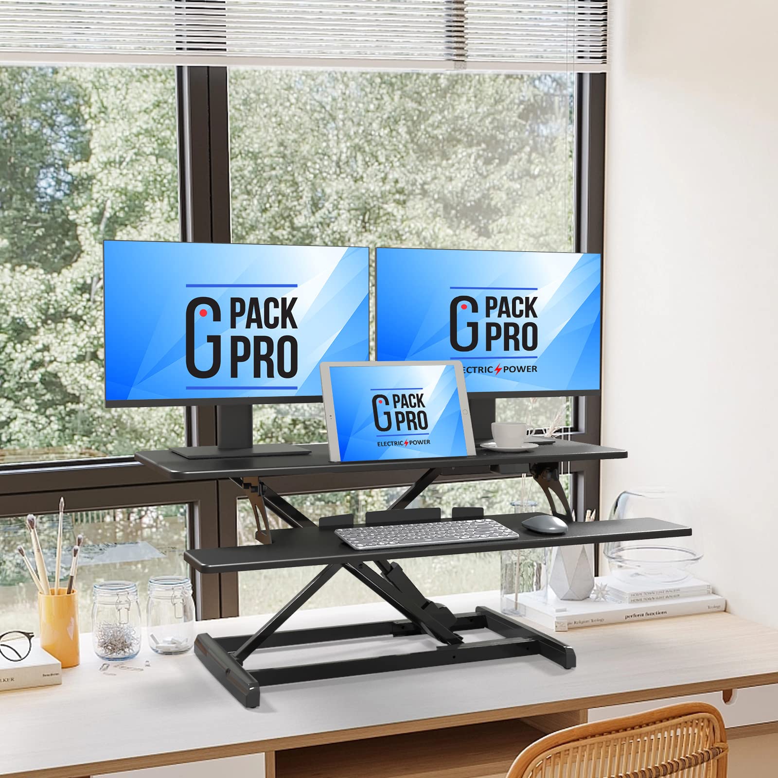 G-PACK PRO X38 Large Height Adjustable Electric Standing Desk Converter with Dual 11 Monitor Mount Arm Bundle - Quick Sit Stand Up Computer Workstation Riser -...