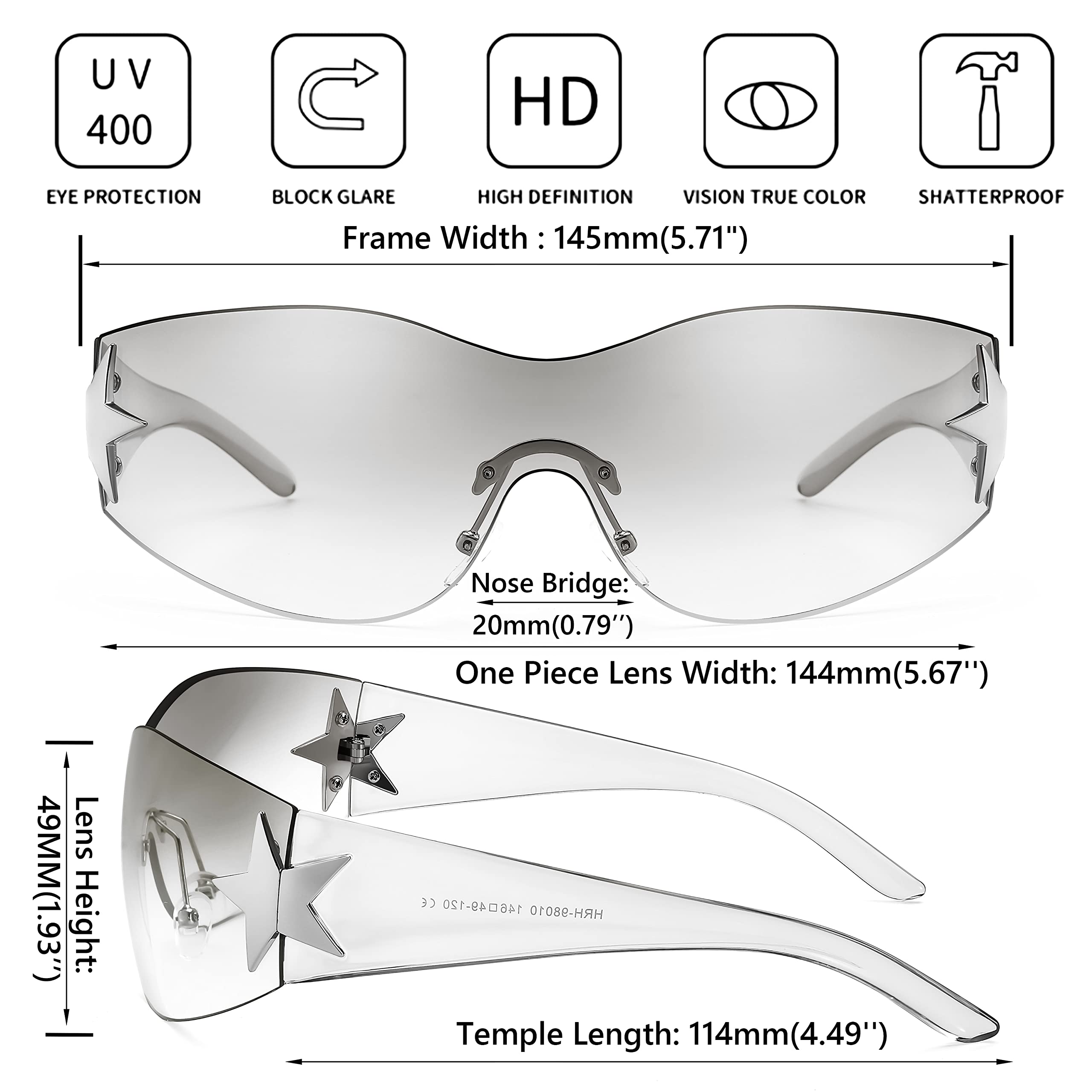 FEISEDY Y2K Sunglasses for Women Men 2000s Fashion Rimless Wrap Around Frameless Star Sun Glasses B9090