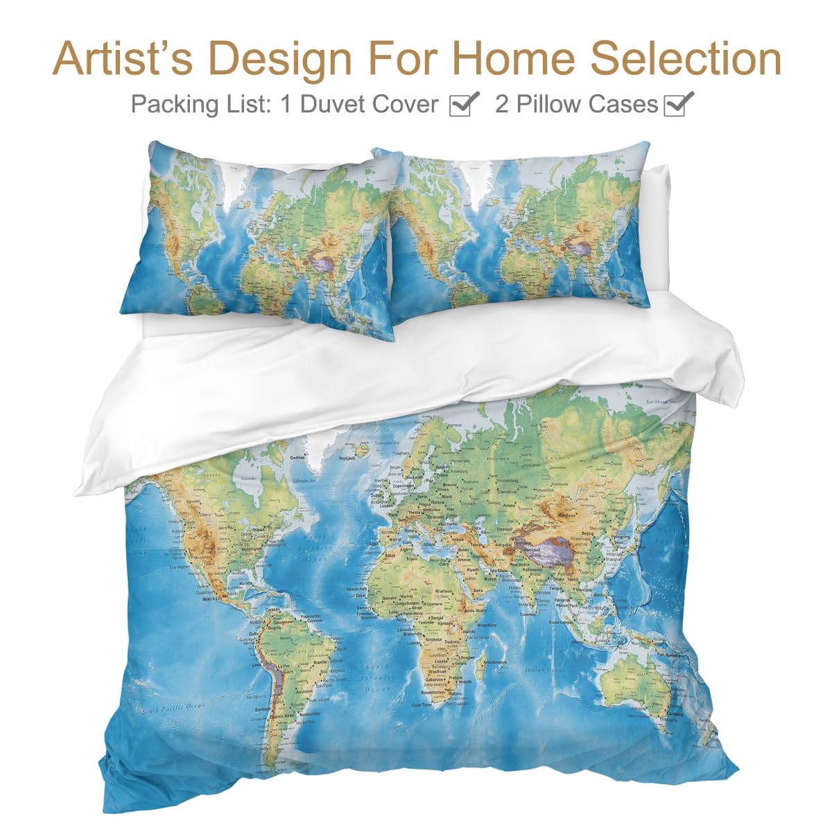 Sleepwish World Map Bedding Duvet Cover Set for Kids Vivid Printed Childrens Bedding Full Size Bedspread