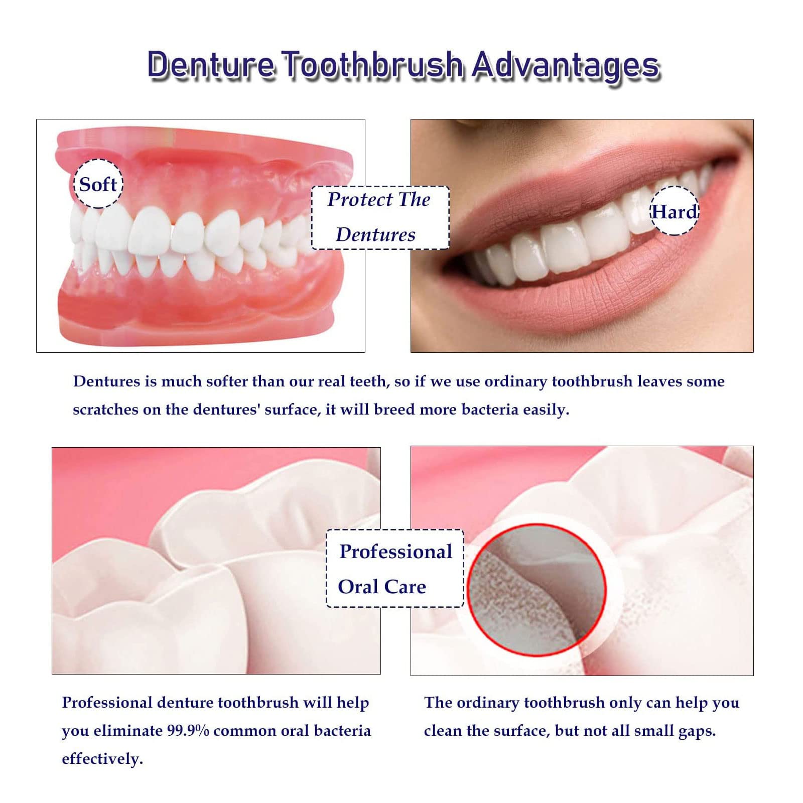 EvaGO 4 Pcs Denture Cleaning Brush with Multi-Layered Bristles and Ergonomic Rubber Handle Portable Denture Brush Double Sided Brush for False Teeth Cleaning(4c)