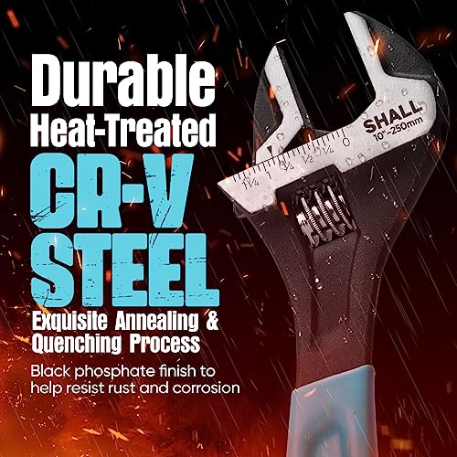 SHALL 3-Piece Adjustable Wrench Set, 10/8/6 Inch Cr-V Steel Wrench with Cushion Grip, Wide Jaw Black Oxide Wrench with Laser-etched SAE Scales for Home, Garage, Workshop and DIY