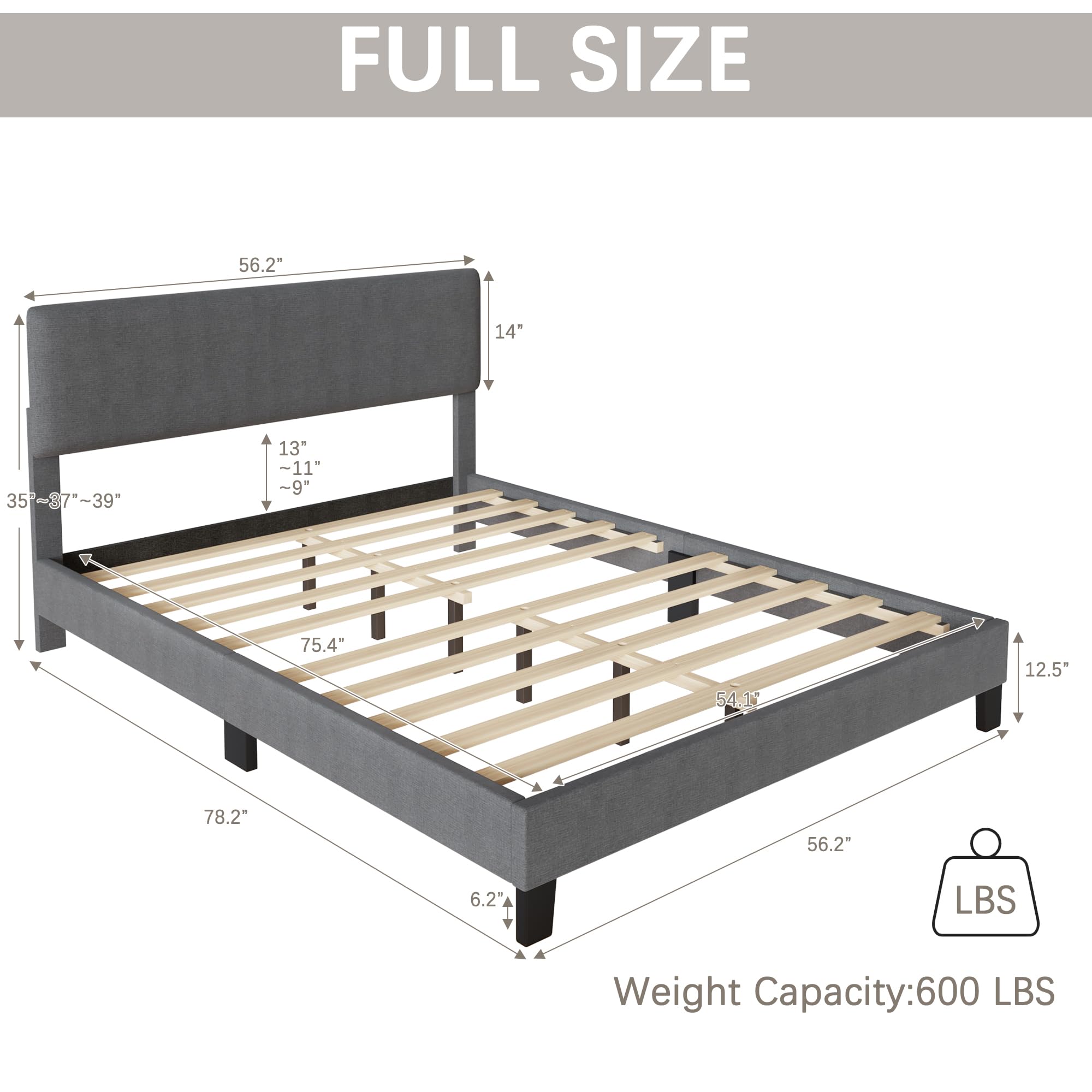 Fluest King Bed Frame with Adjustable Headboard Upholstered Bed Frame Platform Linen Fabric Headboard Wooden Slats Support/No Box Spring Needed/Easy Assembly/Mattress Foundation, Grey