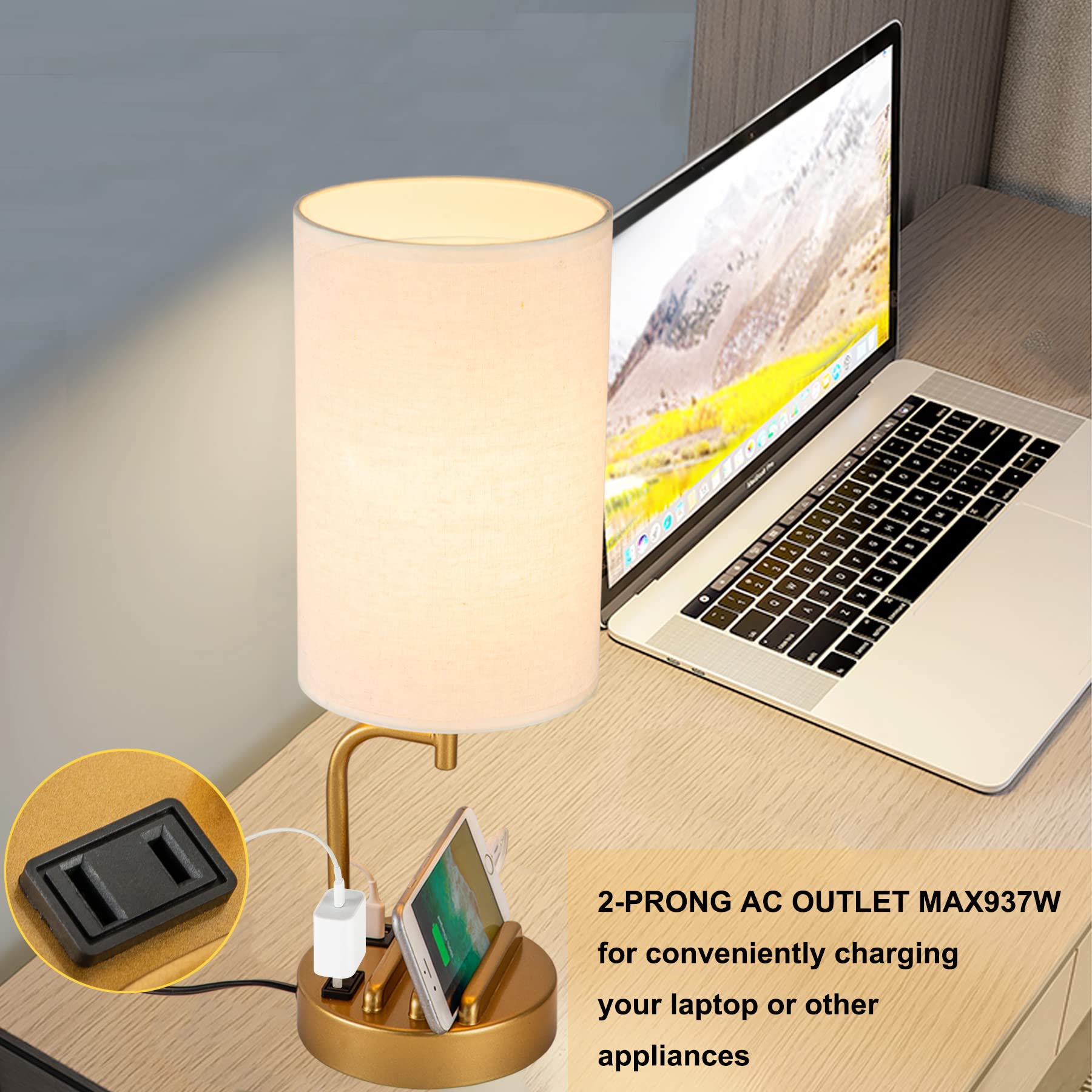 Dreamholder Touch Control USB Table Lamp, Upgraded 3-Way Dimmable Bedside Desk Lamp with USB C & A Charging Ports and AC Outlet, Nightstand Lamp for Bedroom, Dimmable 9W LED Bulb Included