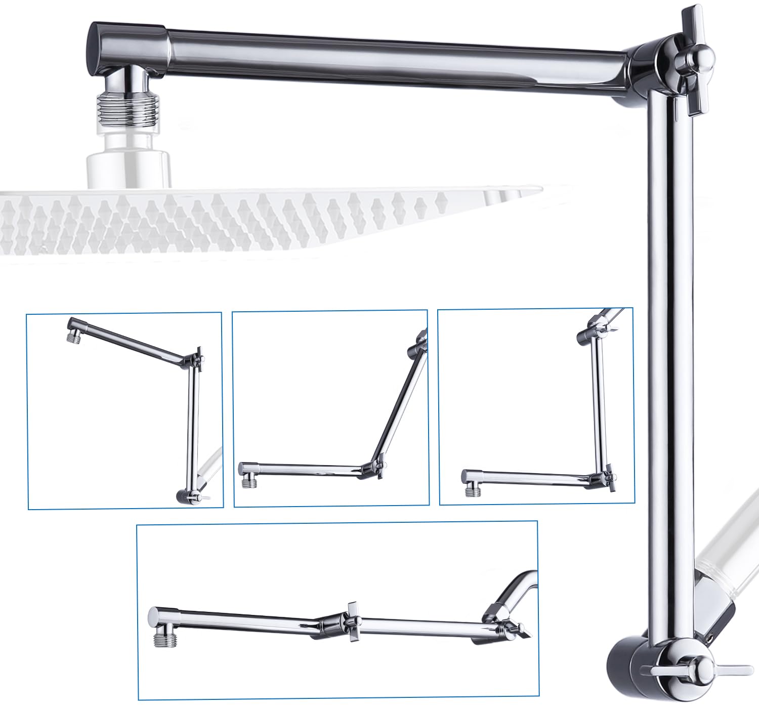 G-Promise Shower Head Extension Arm, 16" Solid Brass Adjustable Extender with Lock Joint, Standard 1/2", Rise or Lower Rainfall and Fixed Shower Head, Height/Angle Adjustable Extension Arm Attachment